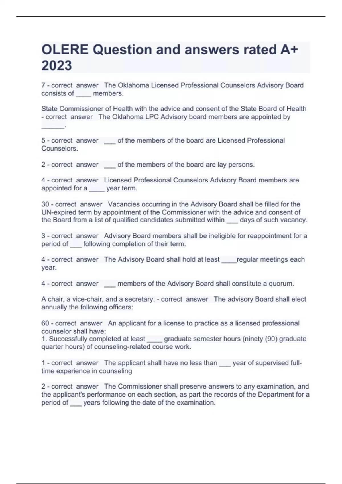 OLERE Question and answers rated A+ 2024 - OLERE - Stuvia US