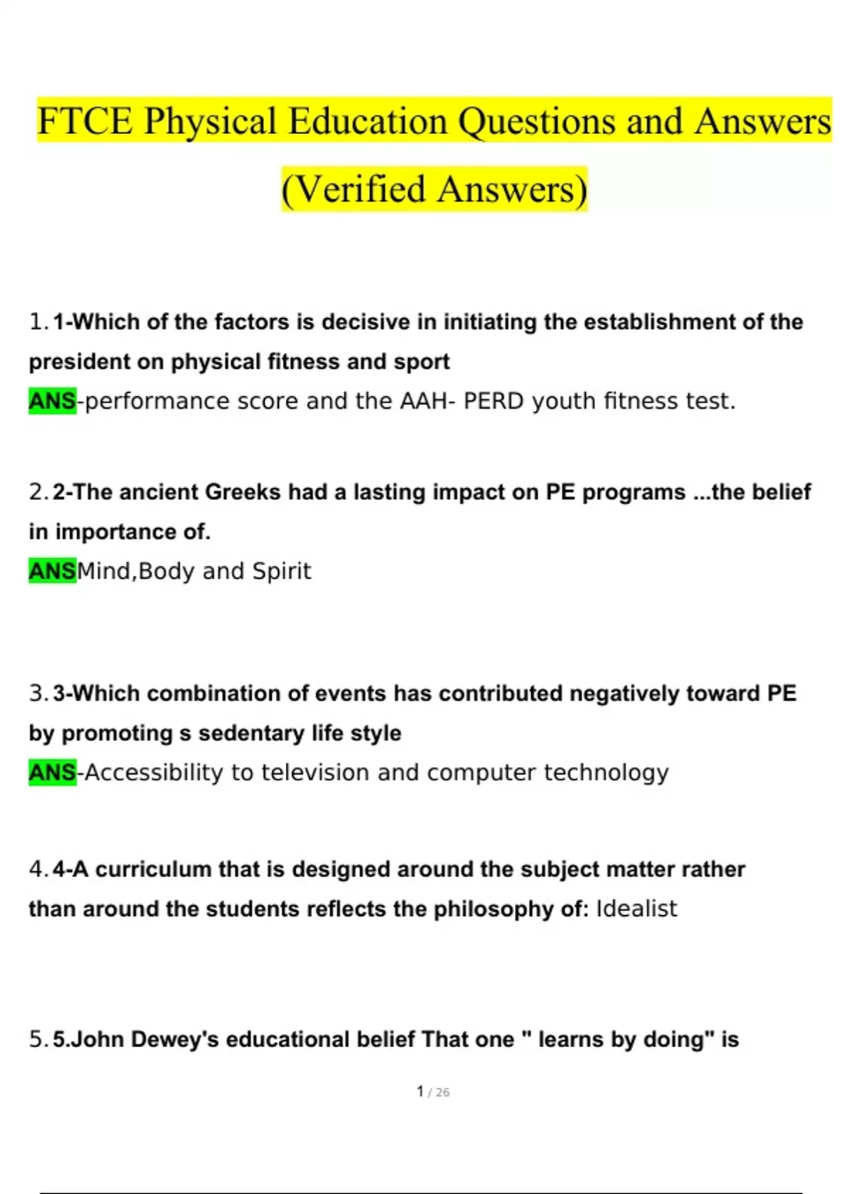 FTCE Physical Education Questions and Answers (2024 / 2025) (Verified ...