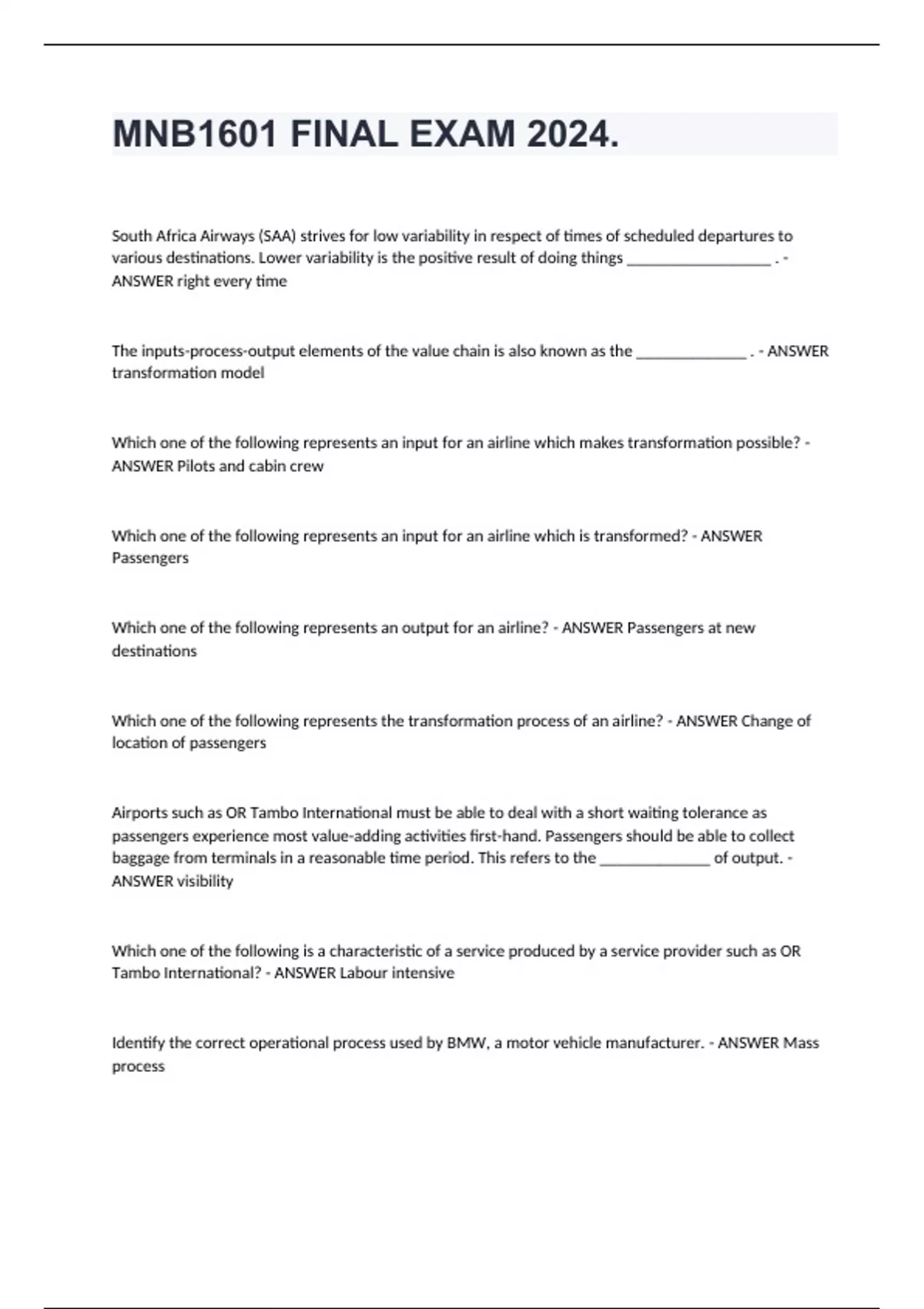 MNB1601 FINAL EXAM 2024 - MNB - Stuvia US