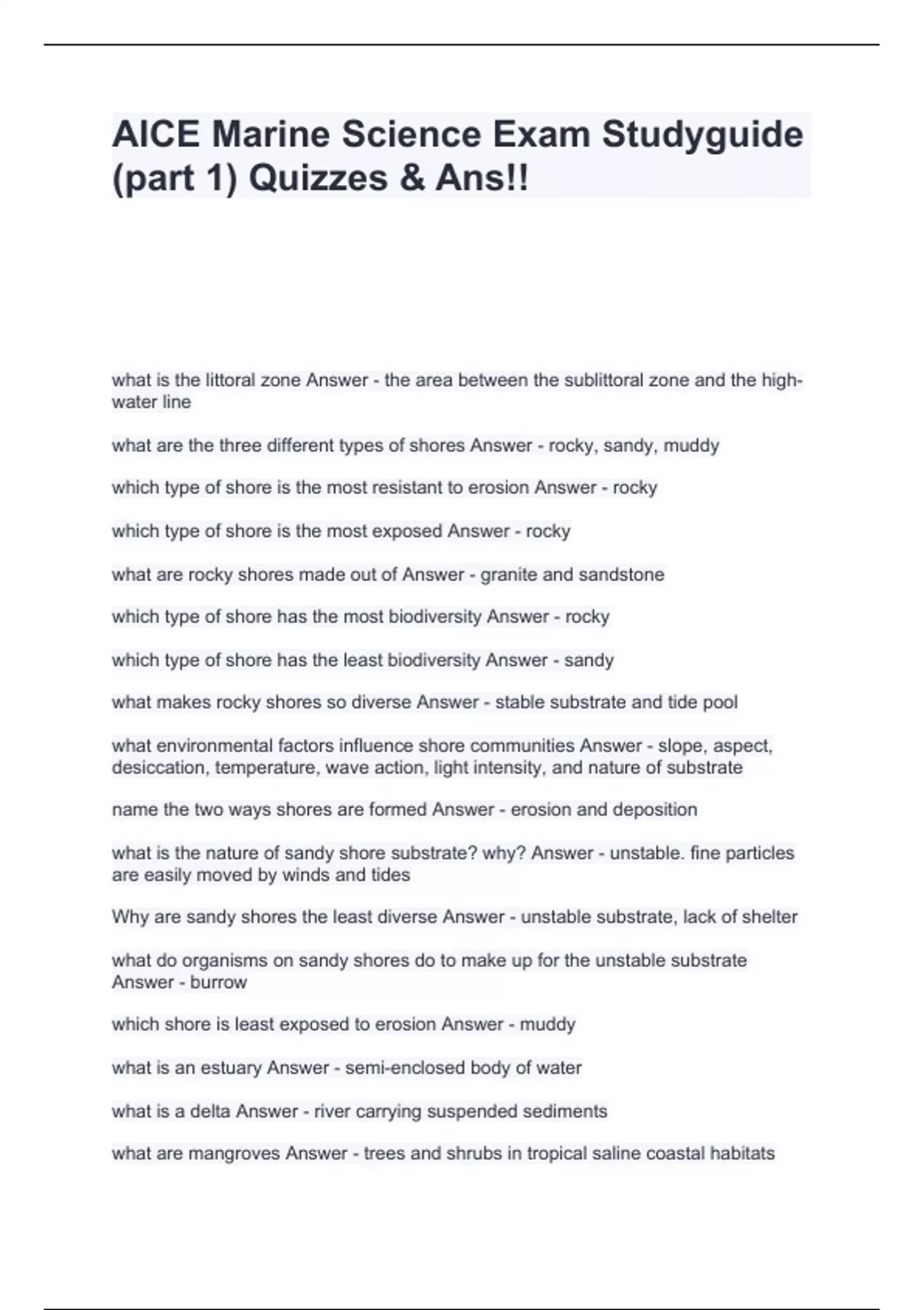 AICE Marine Science Exam Studyguide (part 1) Quizzes & Ans!! - AICE Marine Science - Stuvia US