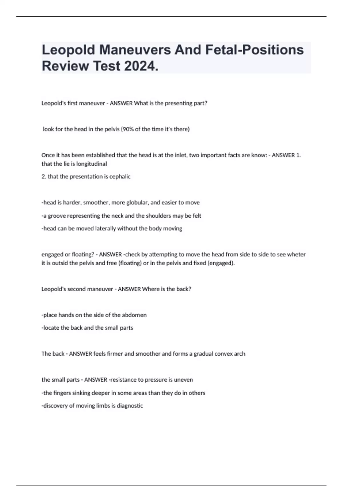 Leopold Maneuvers And Fetal-Positions Review Test 2024. - MNB - Stuvia US