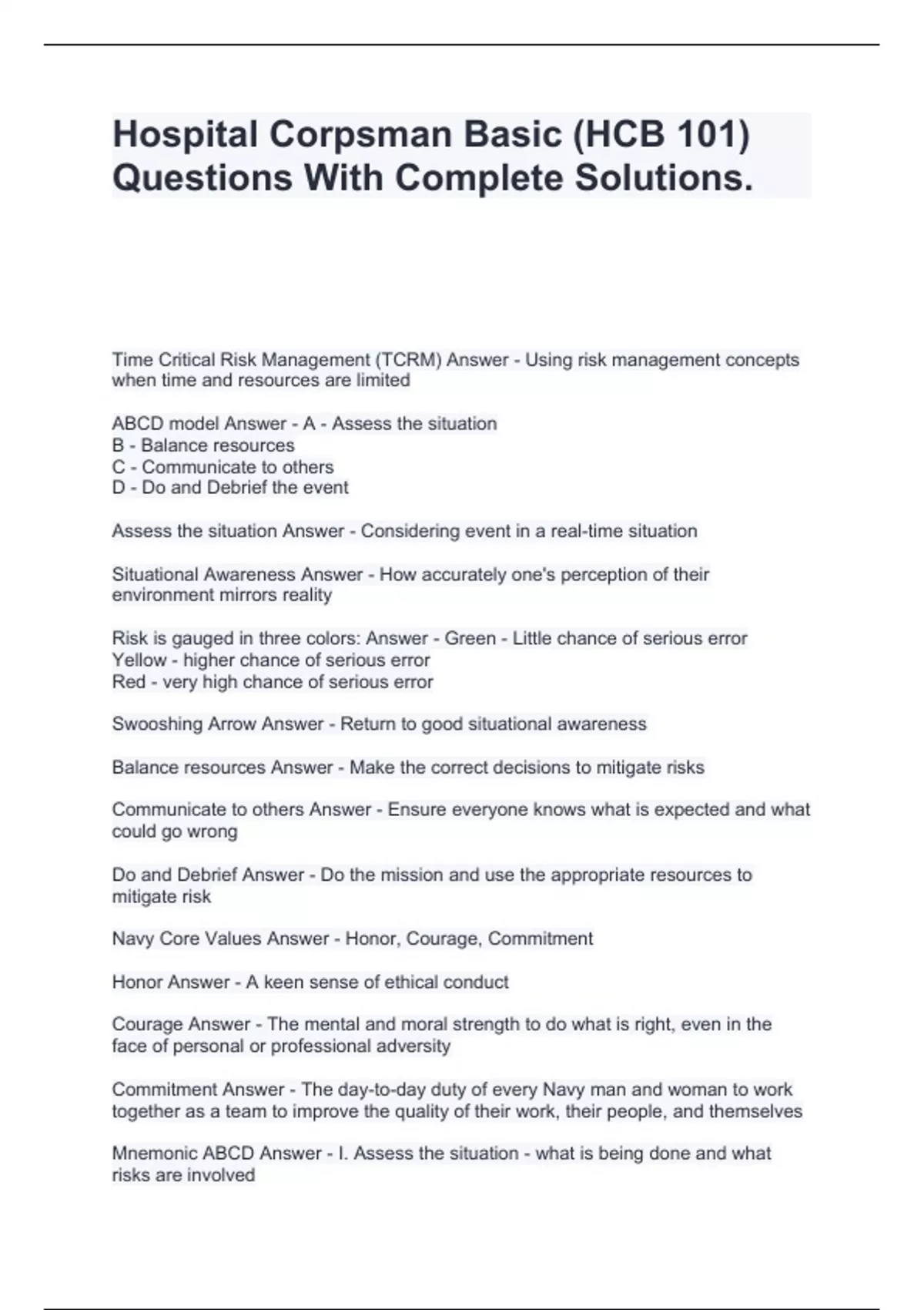 Hospital Corpsman Basic (HCB 101) Questions With Complete Solutions ...