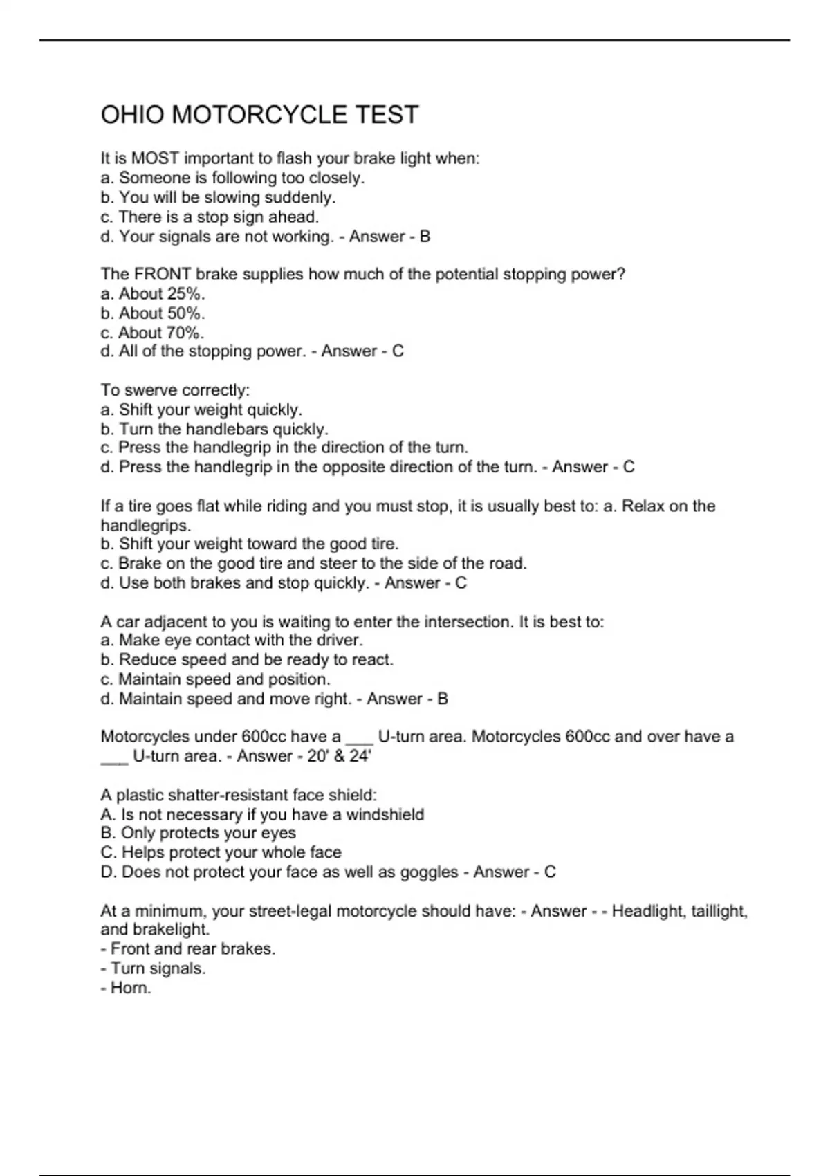 ohio motorcycle test - Ohio motorcycle - Stuvia US