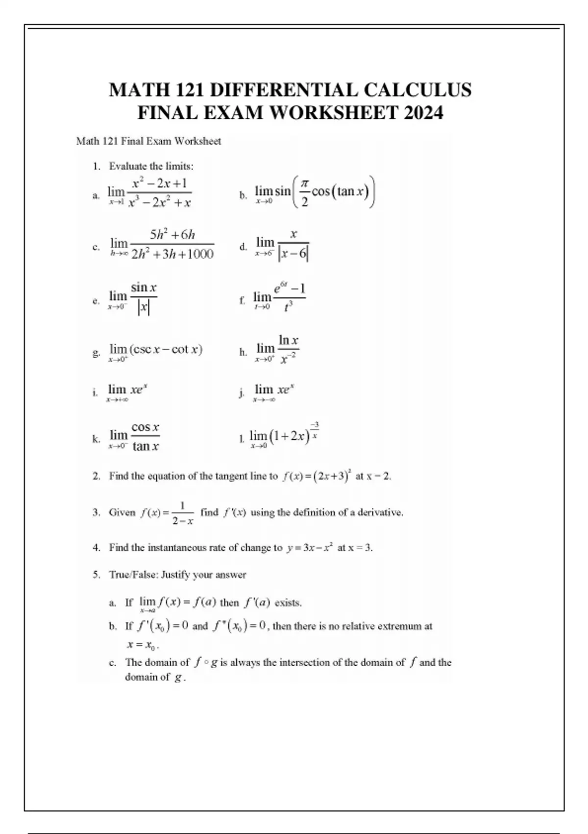 MATH 121 DIFFERENTIAL CALCULUS FINAL EXAM WORKSHEET 2024 - Math - Stuvia US