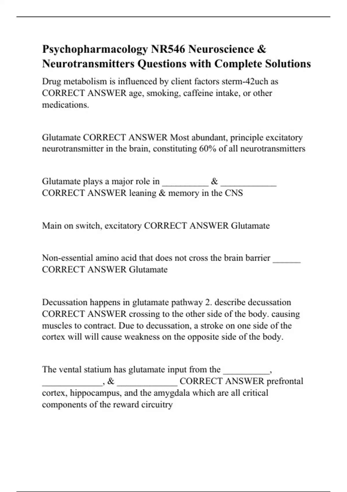 Psychopharmacology NR546 Neuroscience & Neurotransmitters Questions ...