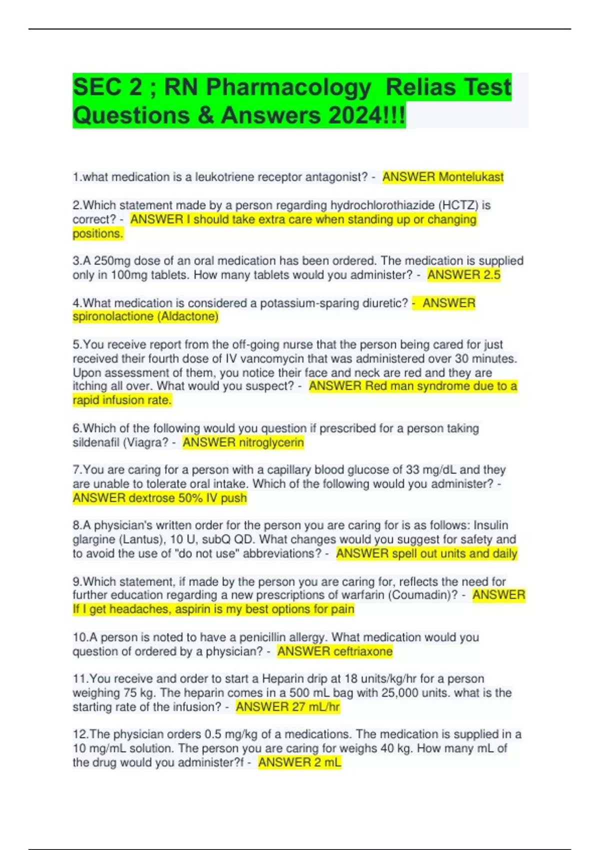 SEC 2 ; RN Pharmacology Relias Test Questions & Answers 2024 ...