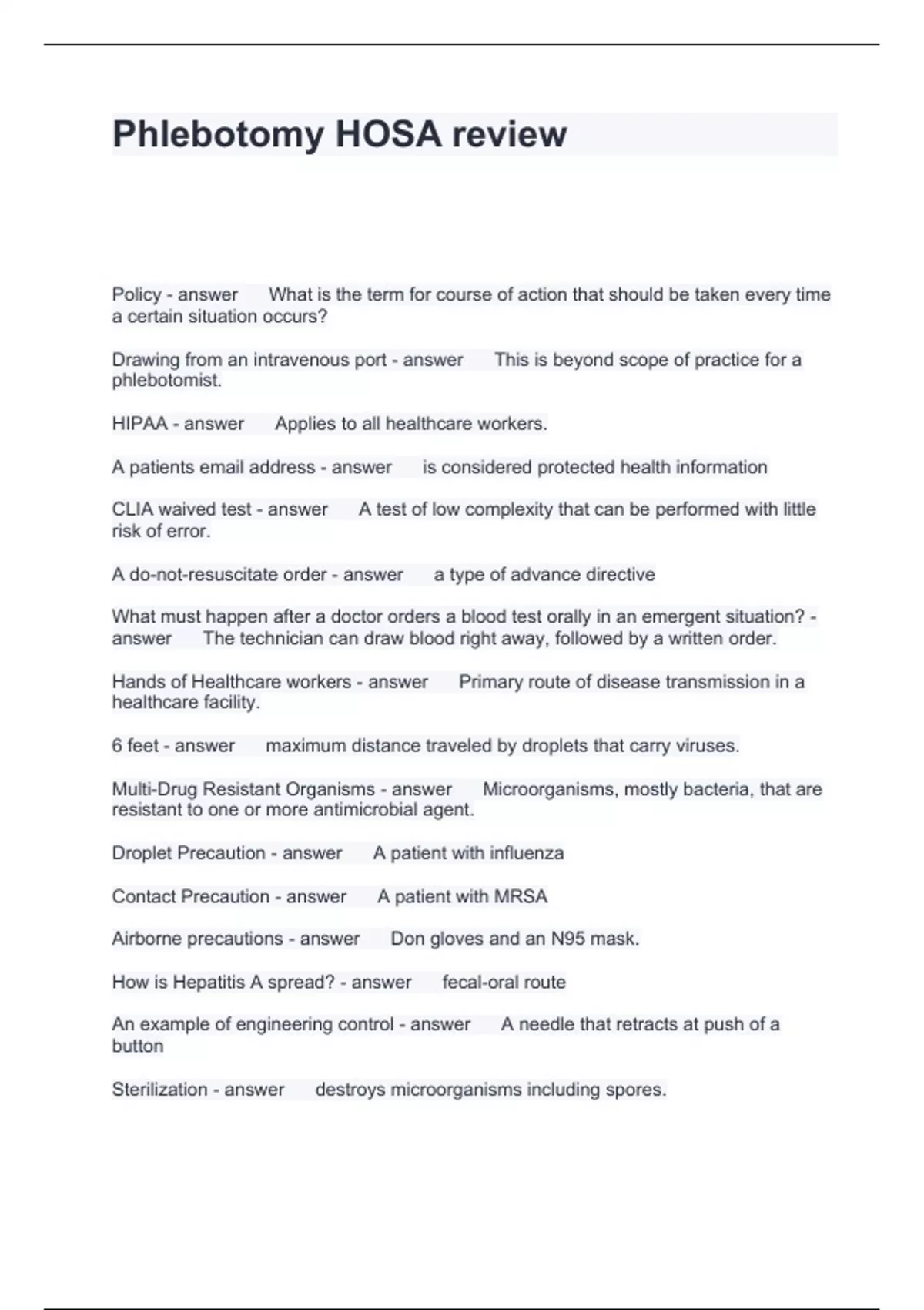 Phlebotomy HOSA review Questions and Answers 100% Accurate - Phlebotomy - Stuvia US