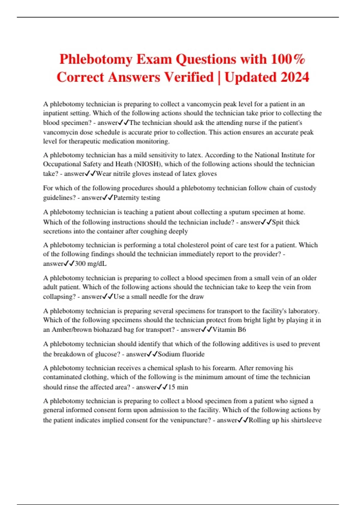 Phlebotomy Exam Questions with 100% Correct Answers Verified | Updated ...