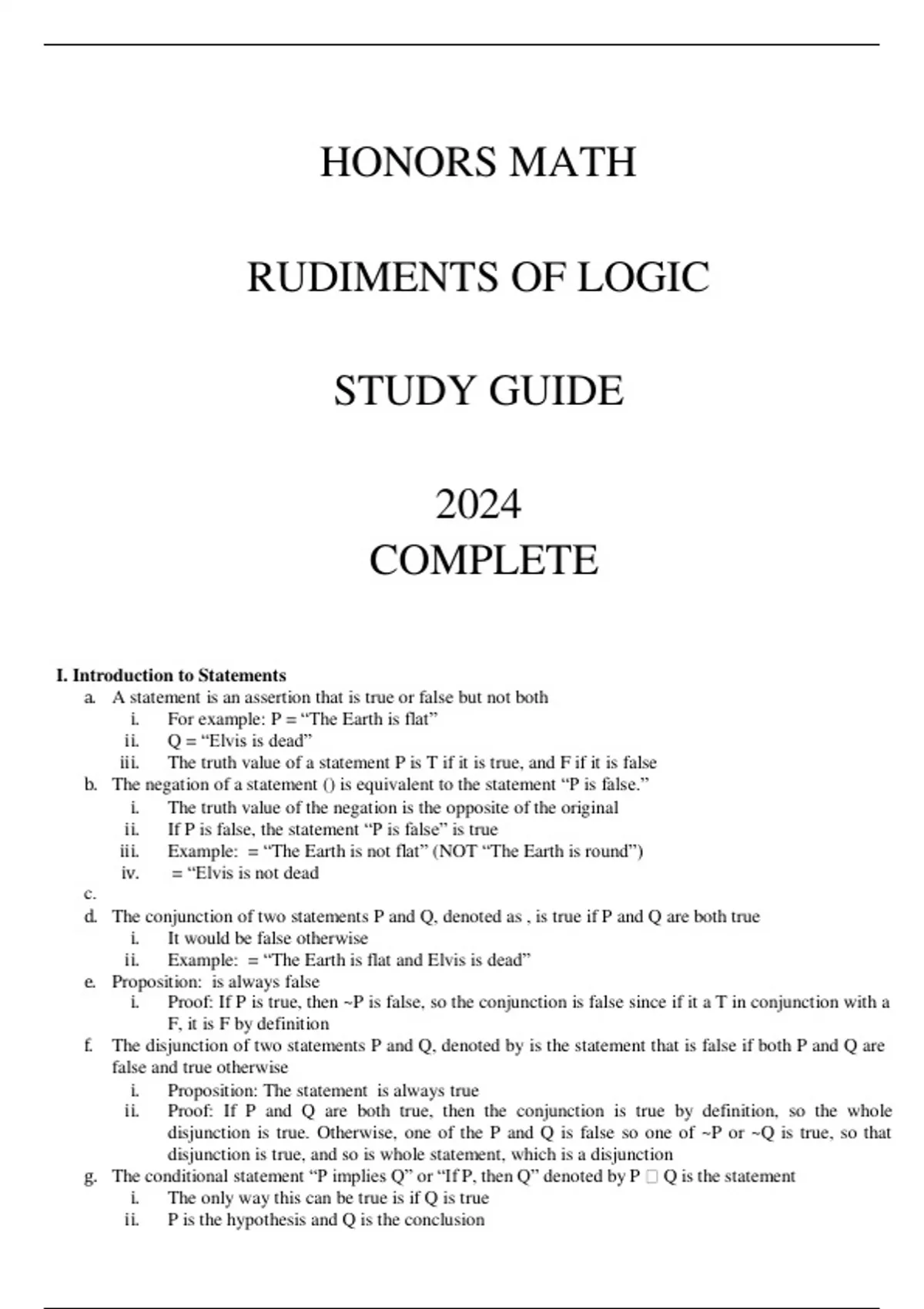 HONORS MATH RUDIMENTS OF LOGIC STUDY GUIDE 2024 COMPLETE - Computer ...