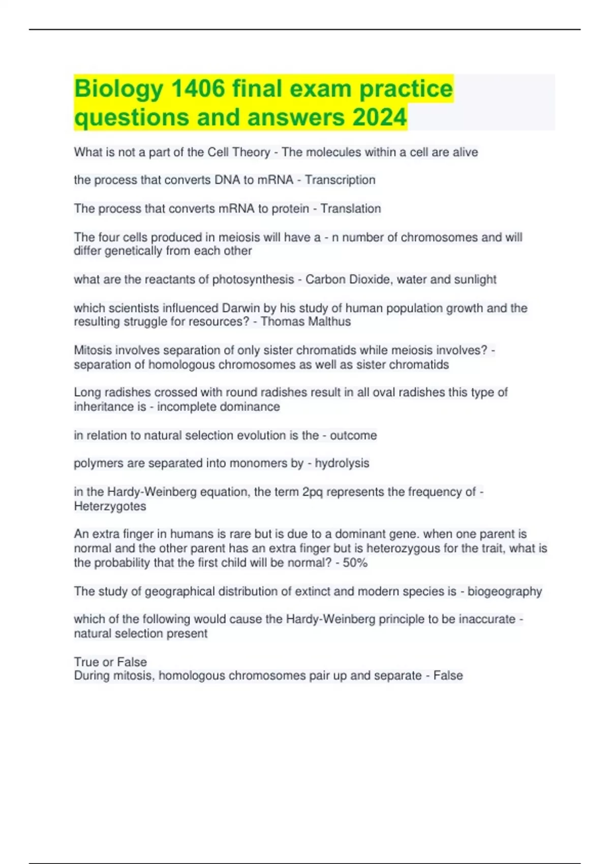 Biology 1406 final exam practice questions and answers 2024 - Biology ...