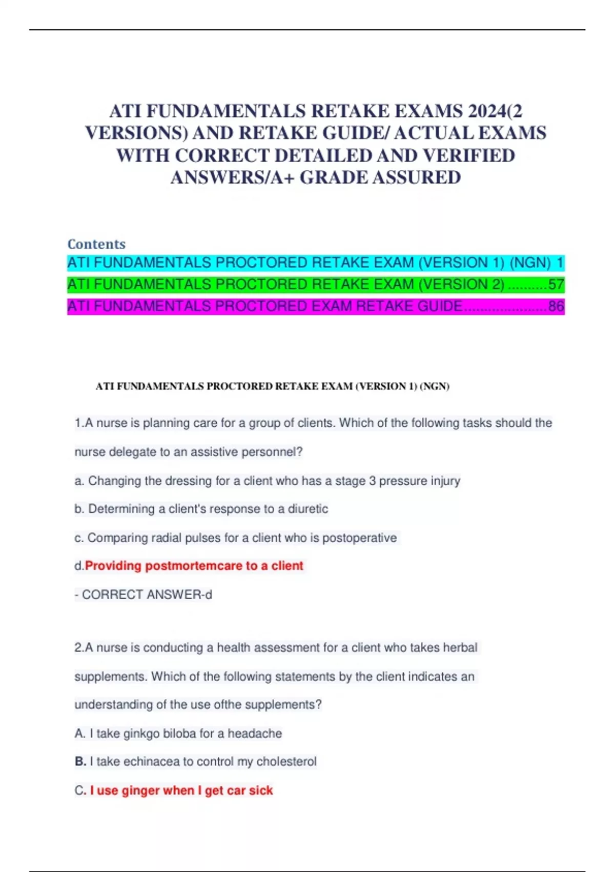 ATI FUNDAMENTALS RETAKE EXAMS 2024(2 VERSIONS) AND RETAKE GUIDE/ ACTUAL ...
