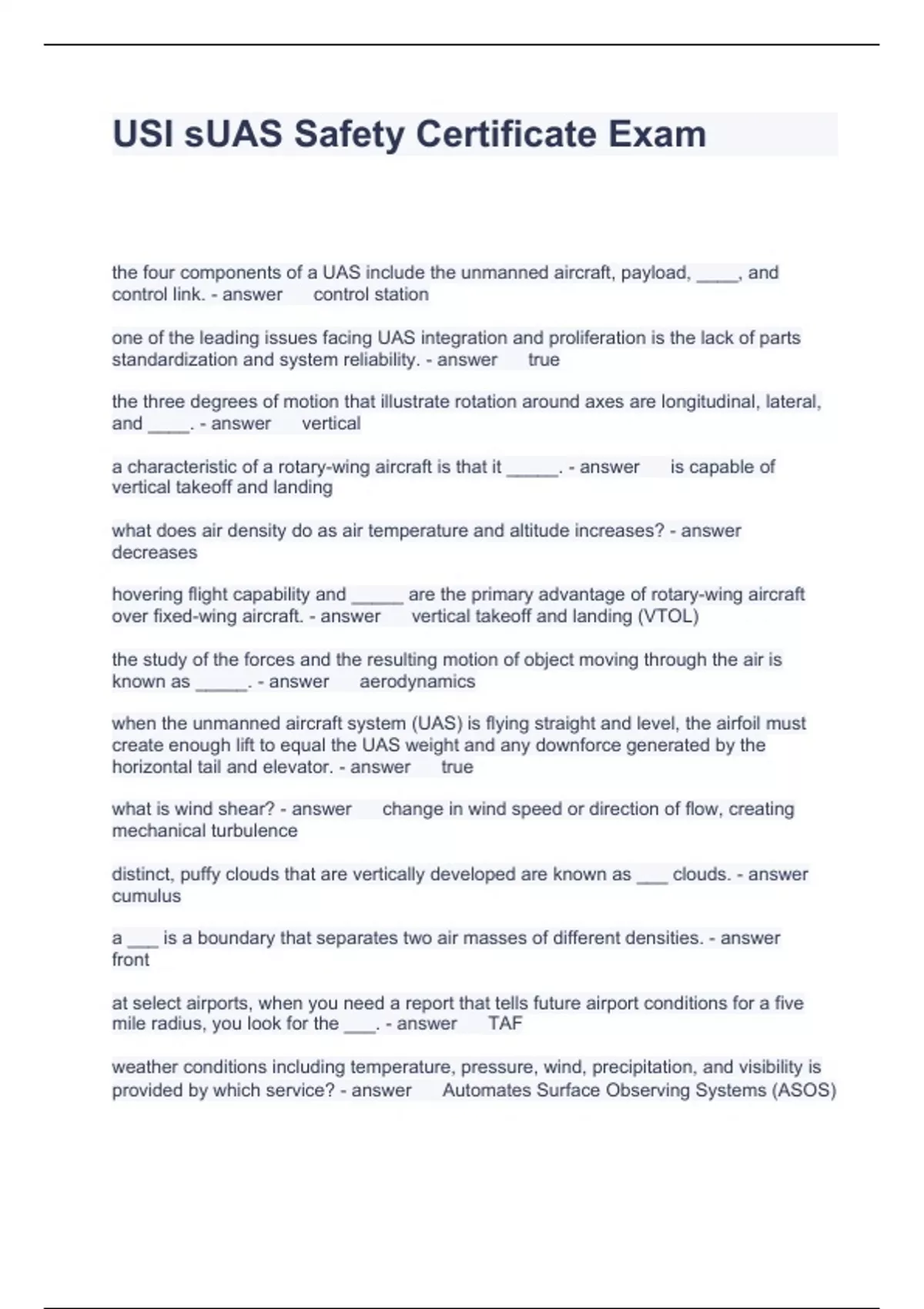 USI sUAS Safety Certificate Exam Questions and Answers - USI - Stuvia US