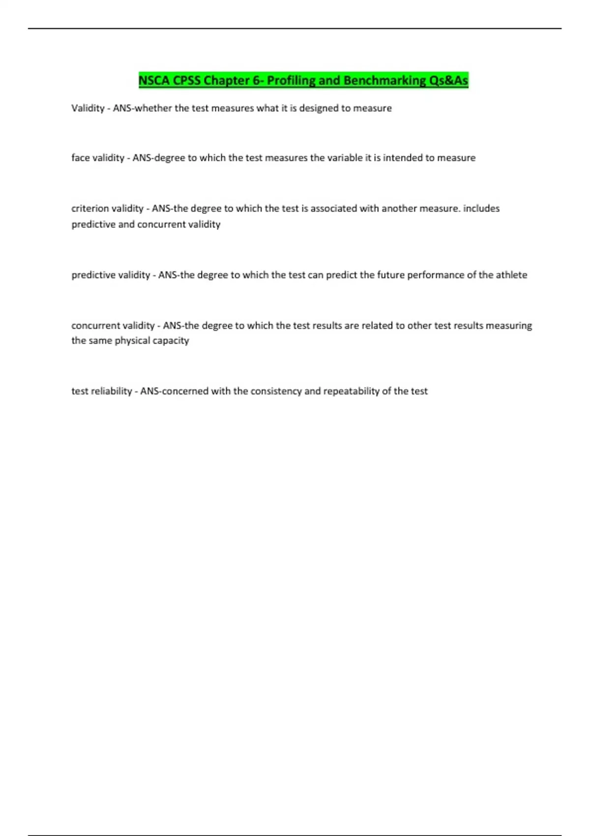 NSCA CPSS Chapter 6- Profiling and Benchmarking Qs&As - NSCA CPSS - Stuvia US