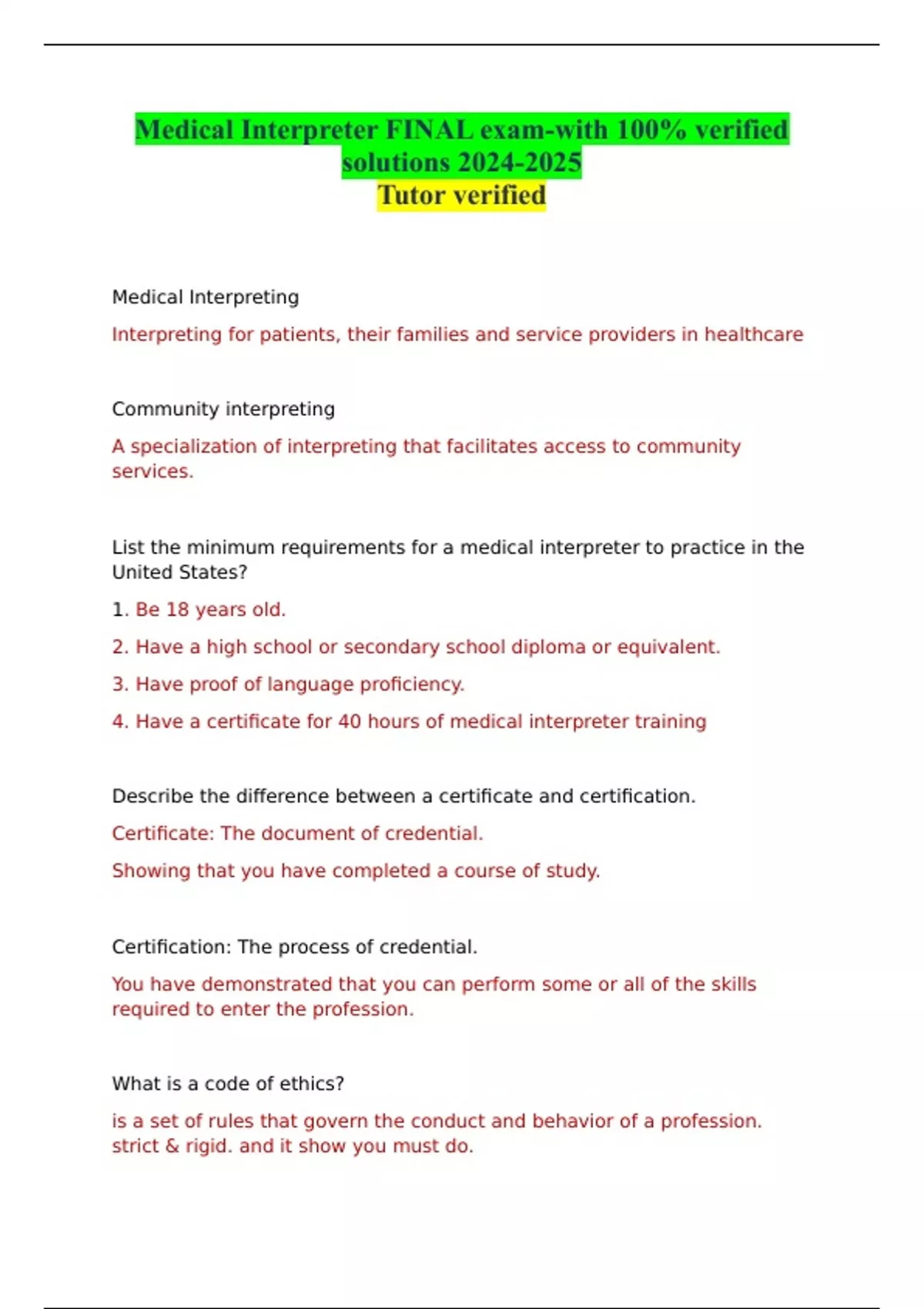 Medical Interpreter FINAL exam-with 100% verified solutions - Medical ...