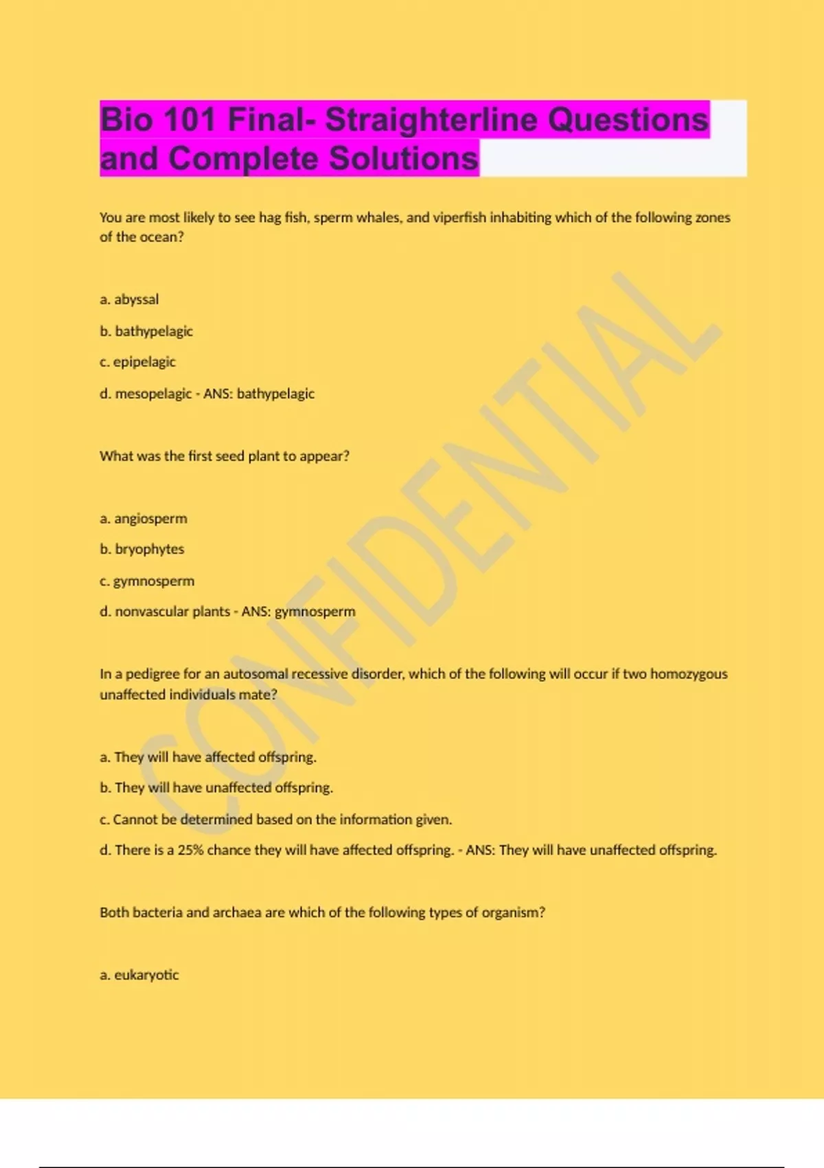 Bio 101 Final- Straighterline Questions with Complete Solutions Bundle ...