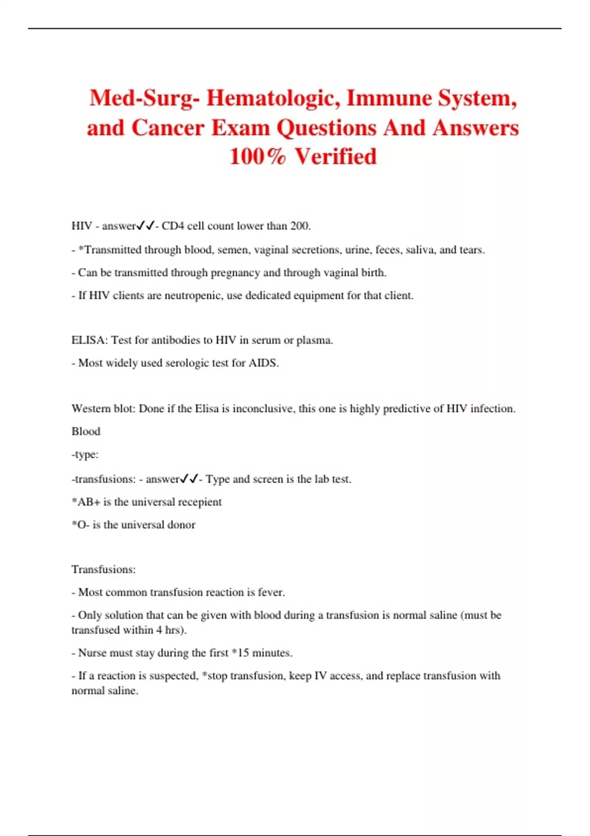 Med-Surg- Hematologic, Immune System, and Cancer Exam Questions And ...