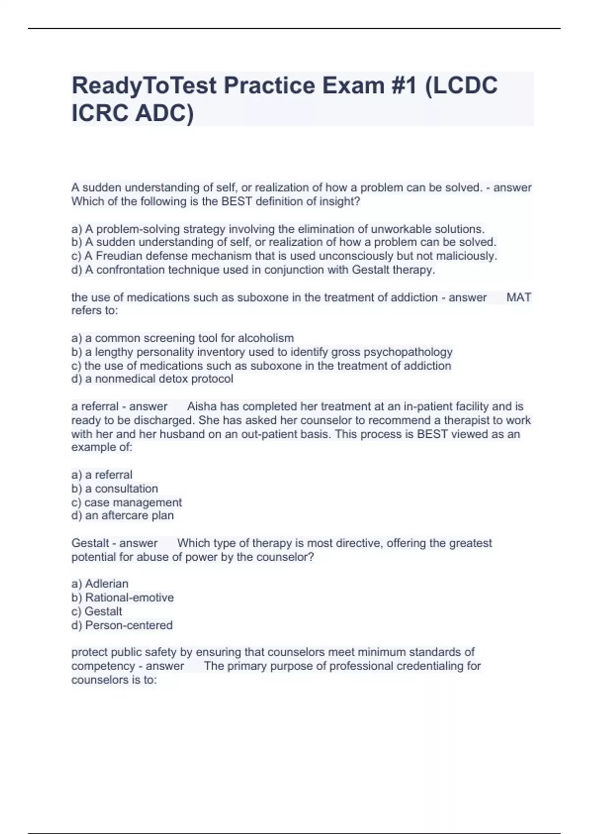 ReadyToTest Practice Exam #1 (LCDC ICRC ADC) Questions and Answers 2024 ...