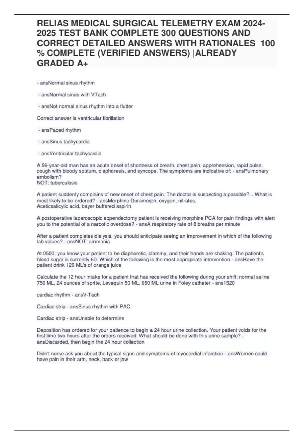 RELIAS MEDICAL SURGICAL TELEMETRY EXAM TEST BANK COMPLETE 300 QUESTIONS ...