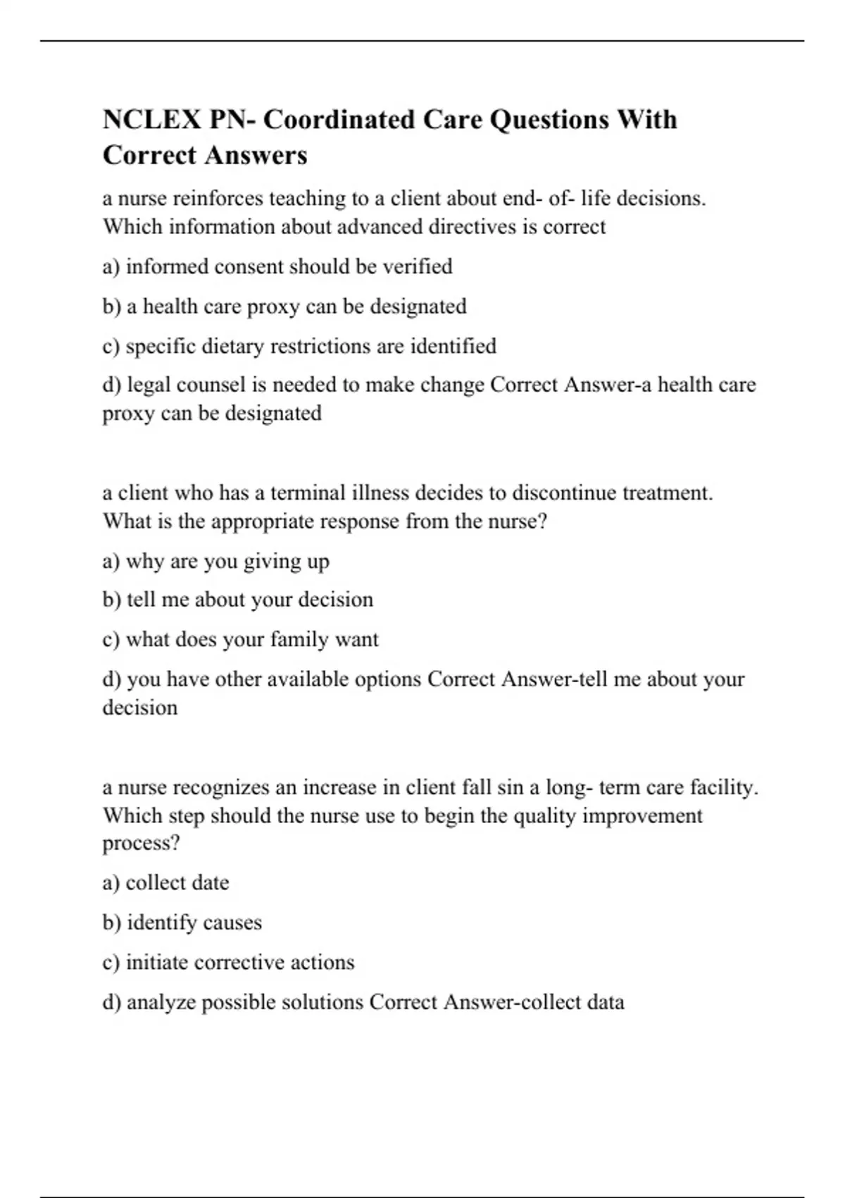NCLEX PN- Coordinated Care Questions With Correct Answers - Nursing - Stuvia US