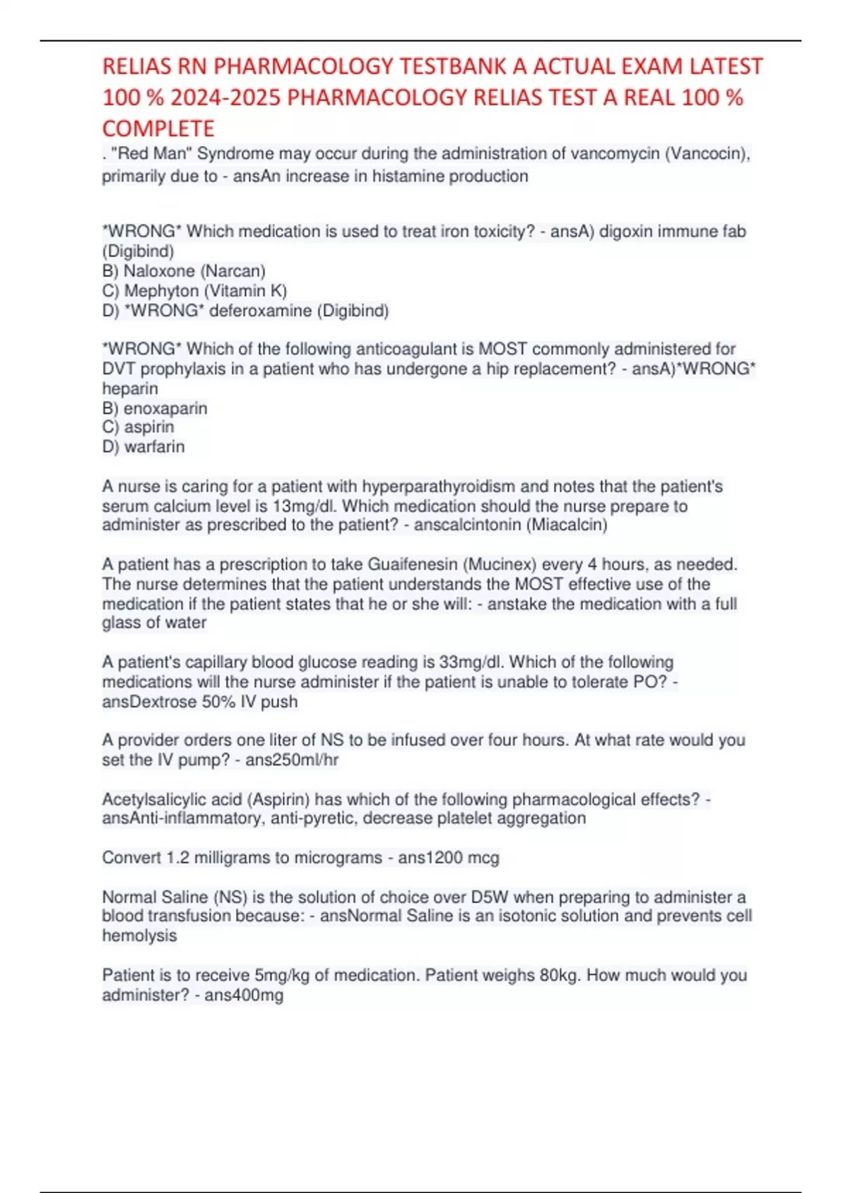 RELIAS RN PHARMACOLOGY TESTBANK A ACTUAL EXAM LATEST 100 % PHARMACOLOGY ...