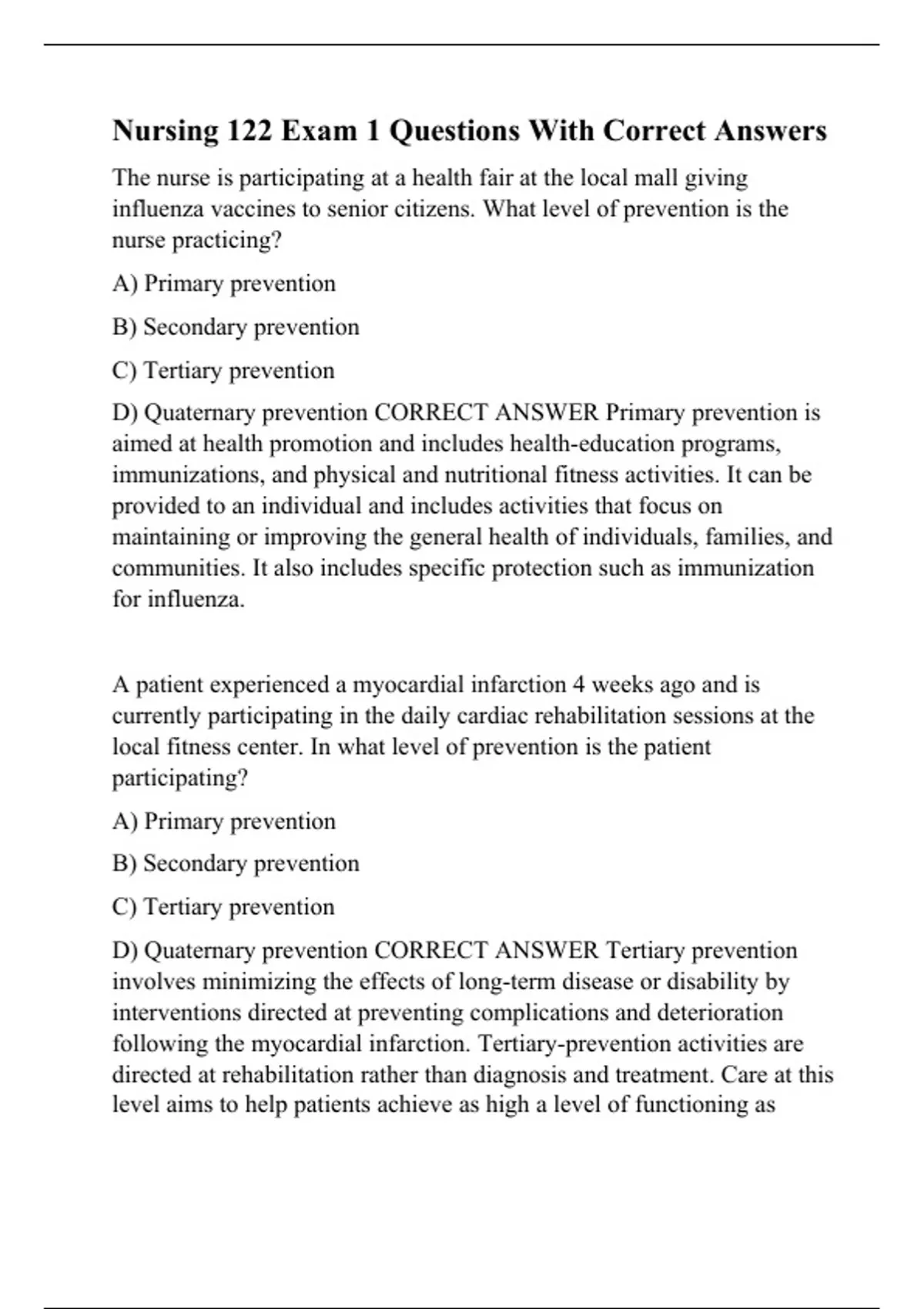 Nursing 122 Exam 1 Questions With Correct Answers - Nursing - Stuvia US