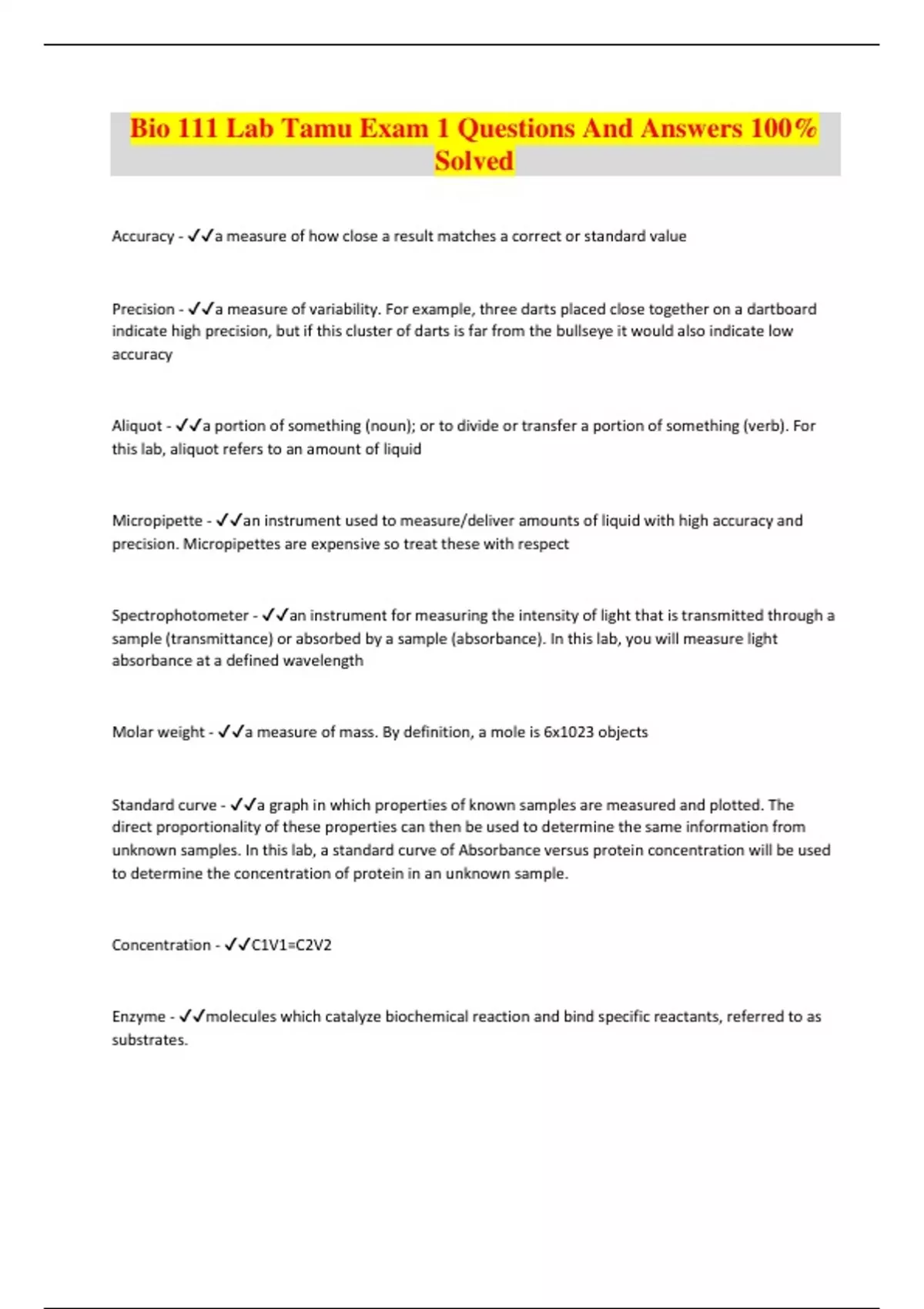 Bio 111 Lab Tamu Exam 1 Questions And Answers 100% Solved - Bio 111 - Stuvia US