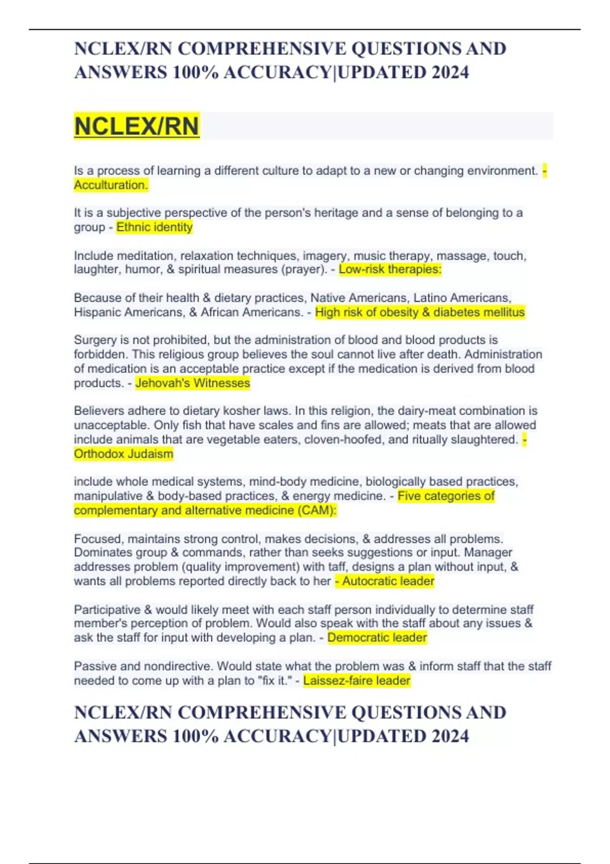 NCLEX/RN COMPREHENSIVE QUESTIONS AND ANSWERS 100% ACCURACY|UPDATED 2024 - NCLEX RN 2024 ...
