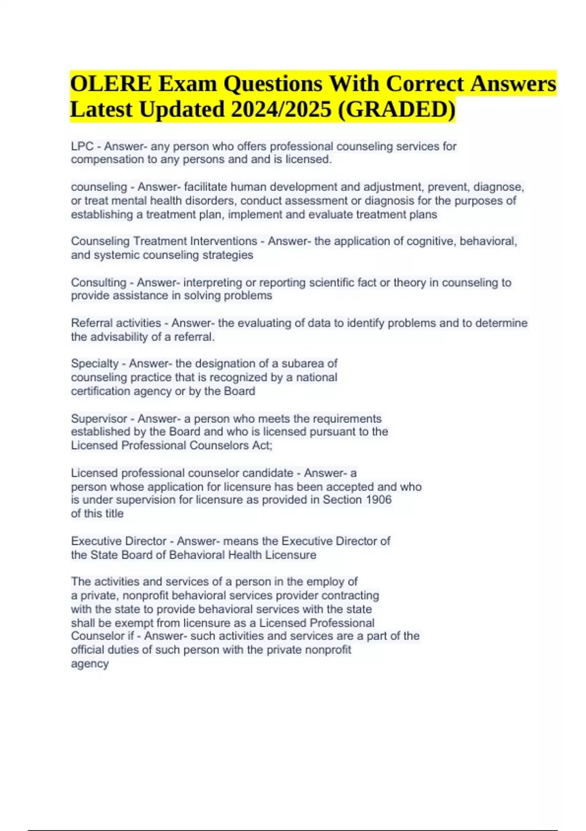 OLERE Exam Questions With Correct Answers Latest Updated 2024/2025 ...