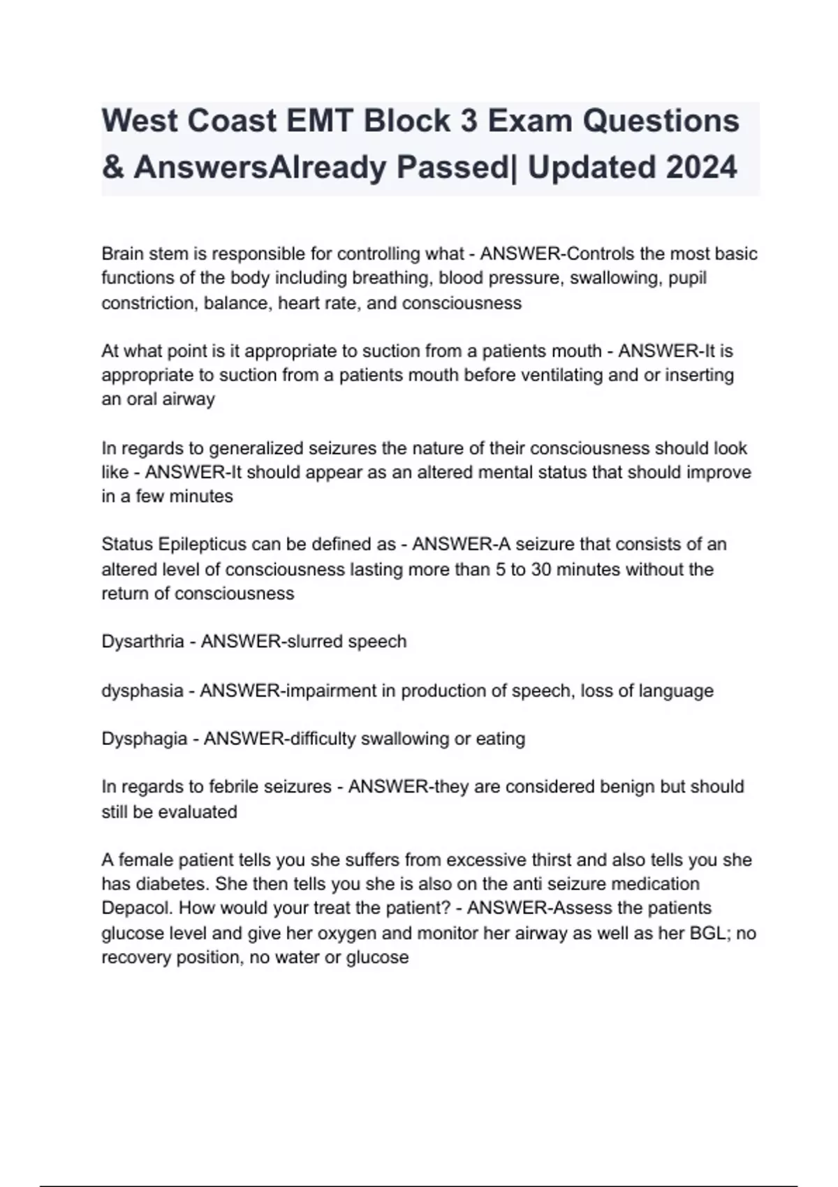 West Coast EMT Block 3 Exam Questions & Answersl ready Passed| Updated ...