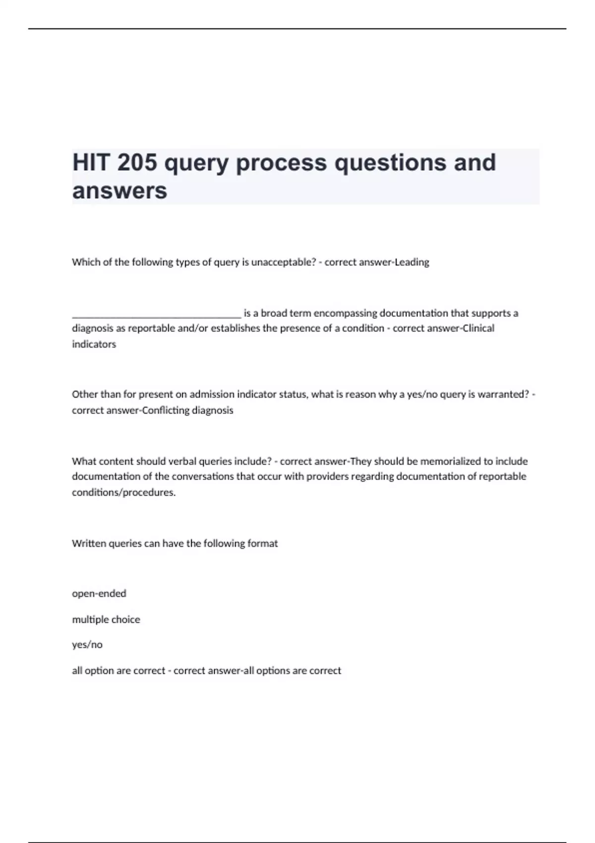 HIT 205 query process questions and answers - HIT 205 - Stuvia US