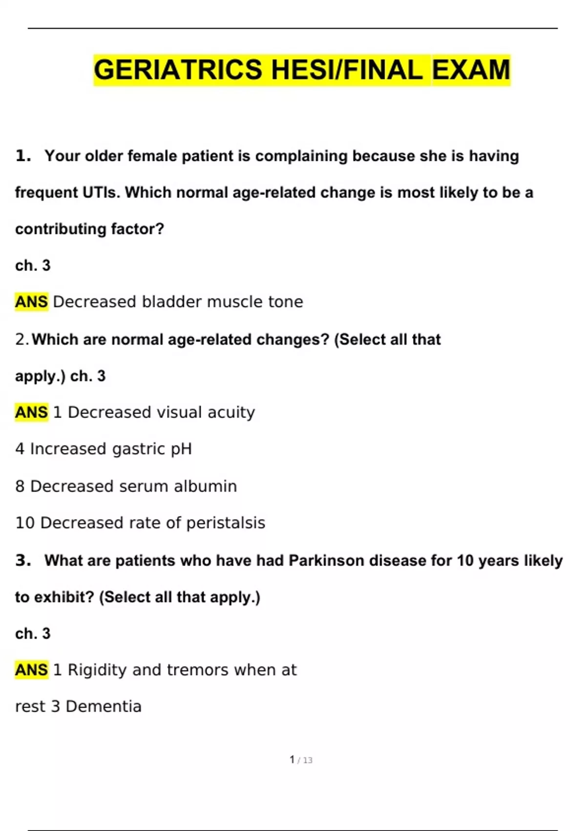Geriatrics HESI Final Exam Questions and Verified Answers (2024 / 2025 ...
