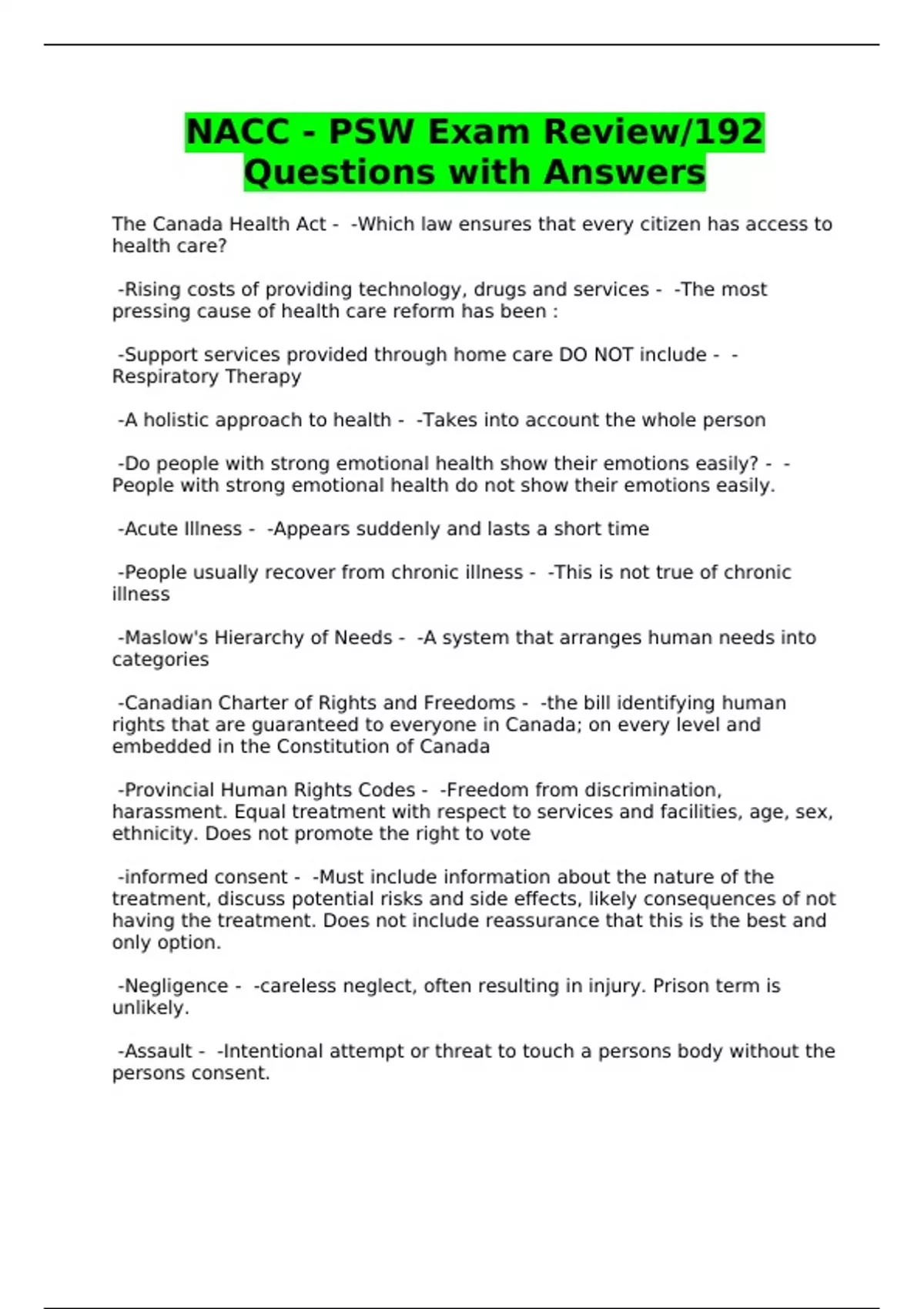 NACC - PSW Exam Review/192 Questions with Answers - NACC - PSW - Stuvia US