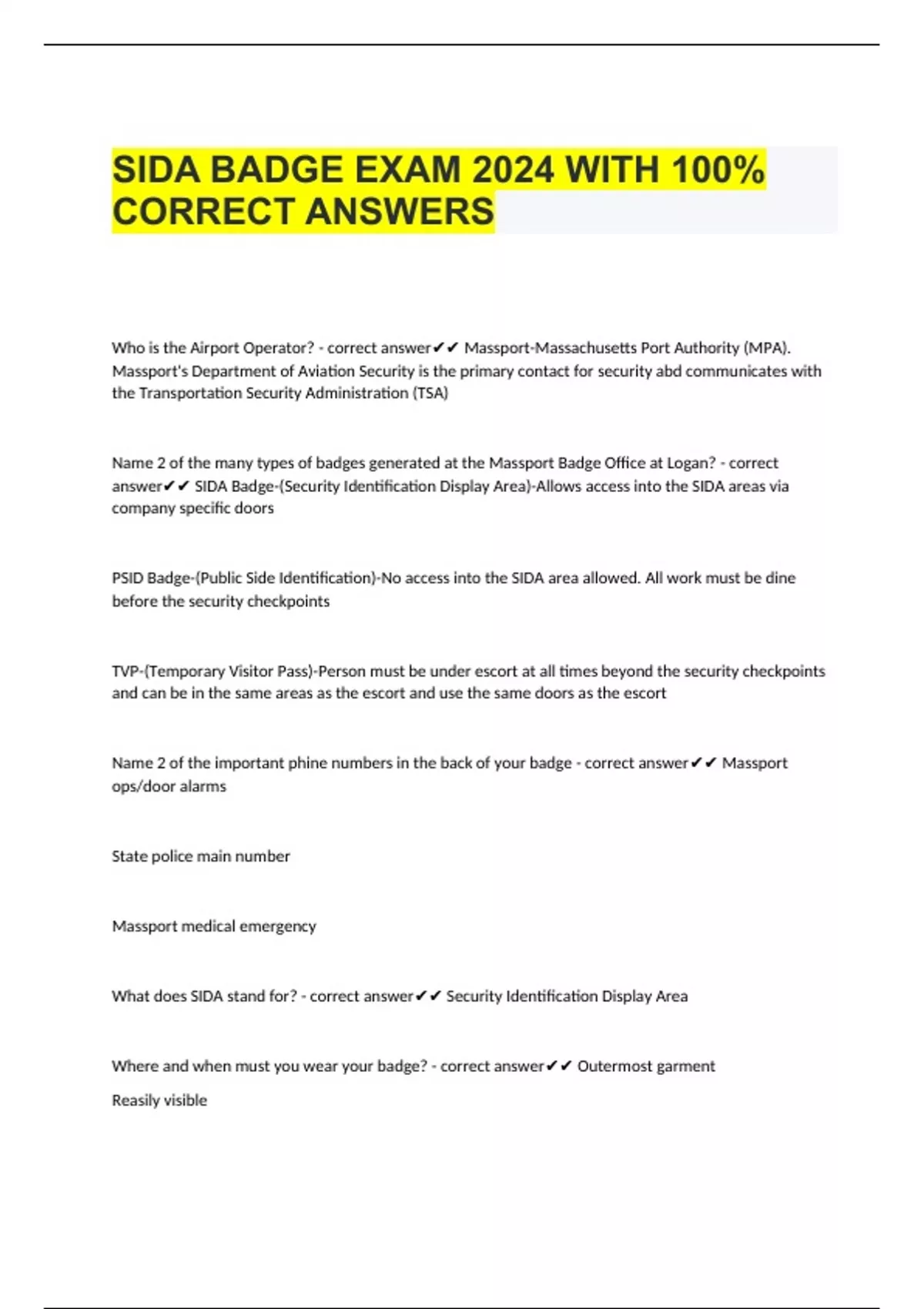 SIDA BADGE EXAM 2024 WITH 100% CORRECT ANSWERS - SIDA BADGE - Stuvia US