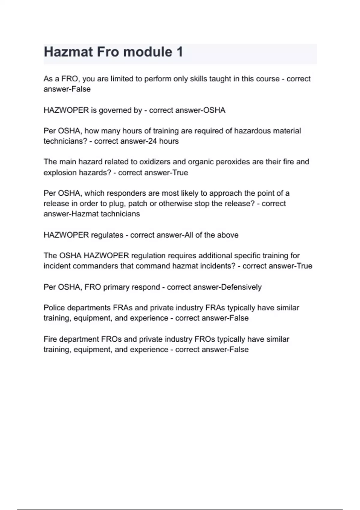 Hazmat Fro module 1 questions and correct detailed answers |already ...