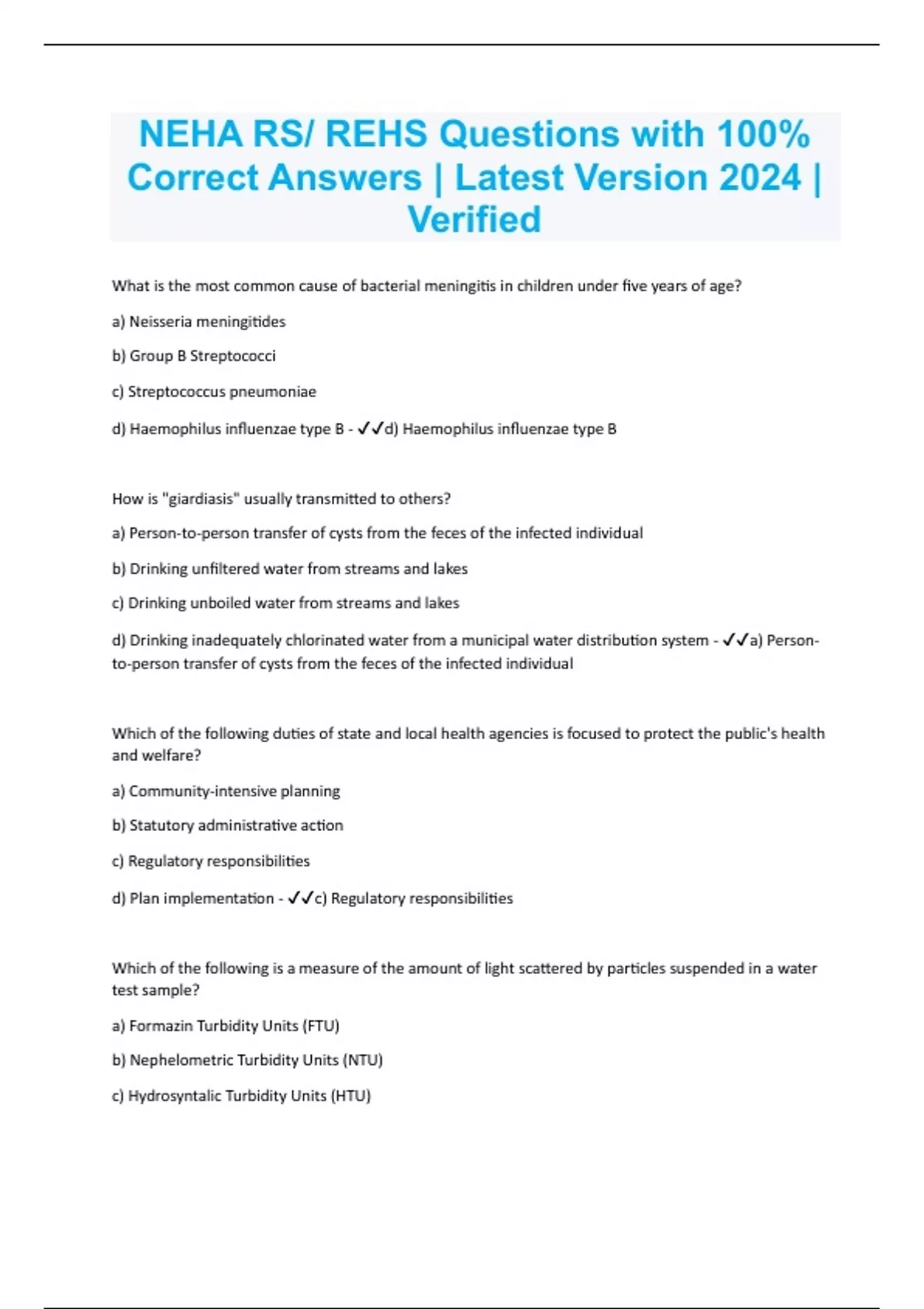 NEHA RS/ REHS Questions with 100% Correct Answers | Latest Version 2024 ...