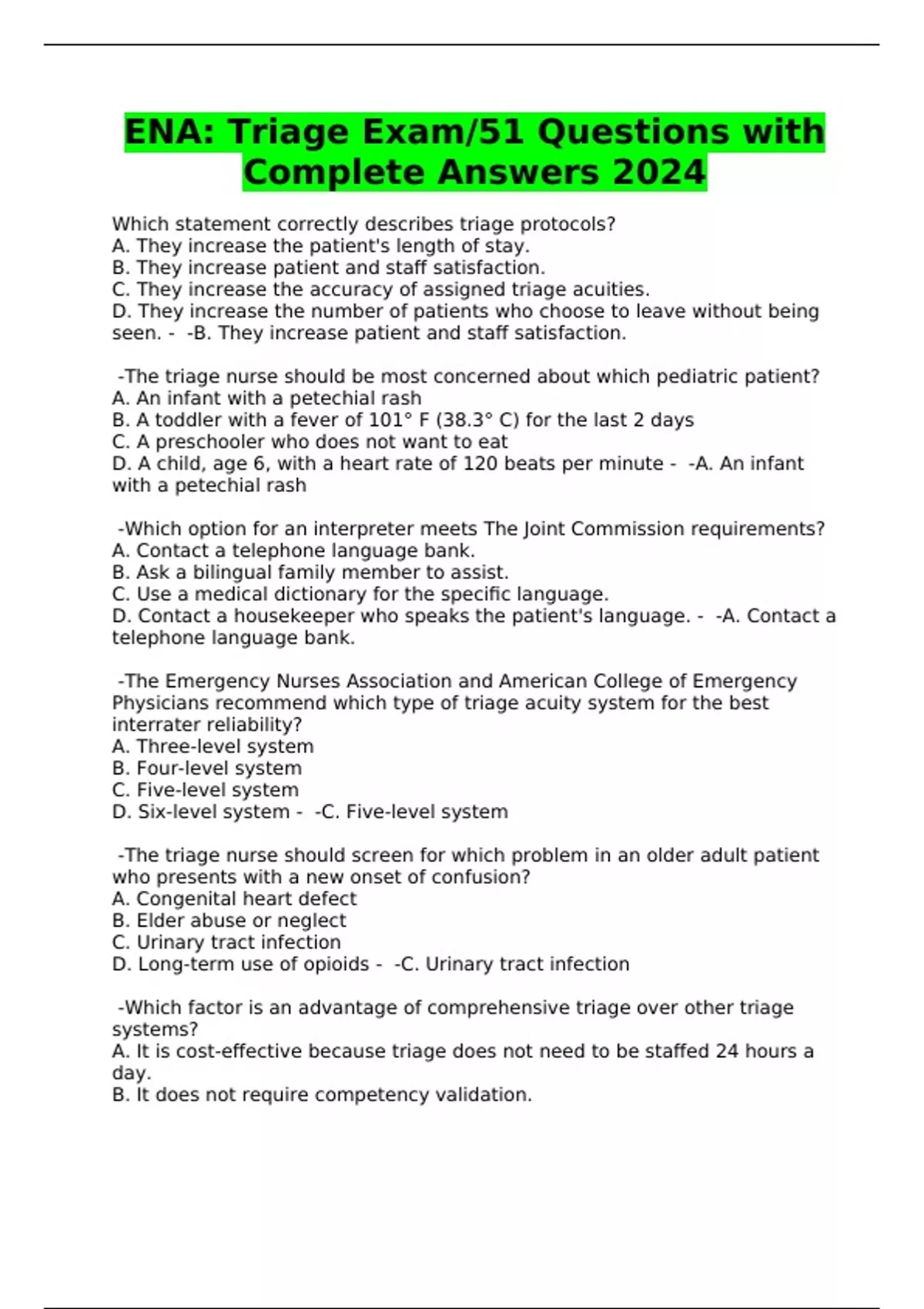 ENA: Triage Exam/51 Questions with Complete Answers 2024 - ENA: Triage Exam/51 Questions with ...