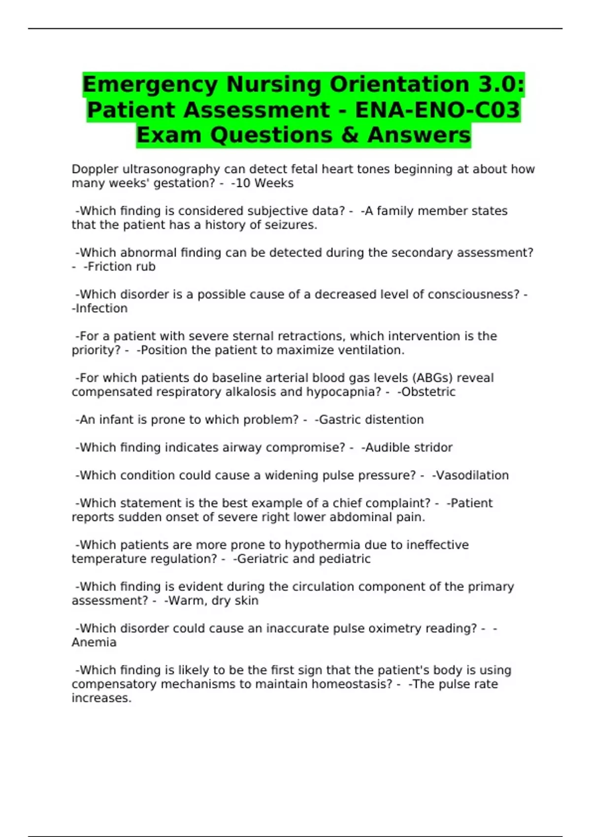 Emergency Nursing Orientation 3.0: Patient Assessment - ENA-ENO-C03 Exam Questions & Answers ...
