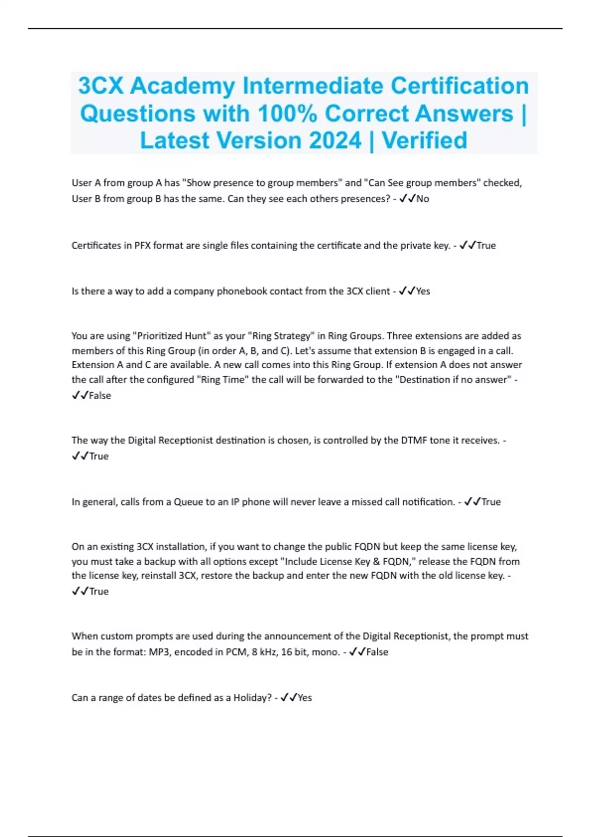 3CX Academy Intermediate Certification Questions with 100% Correct ...