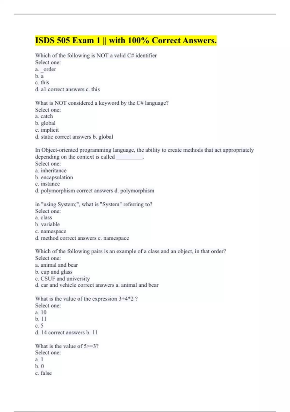 ISDS 505 Exam 1 || with 100% Correct Answers. - ISDS 505 - Stuvia US
