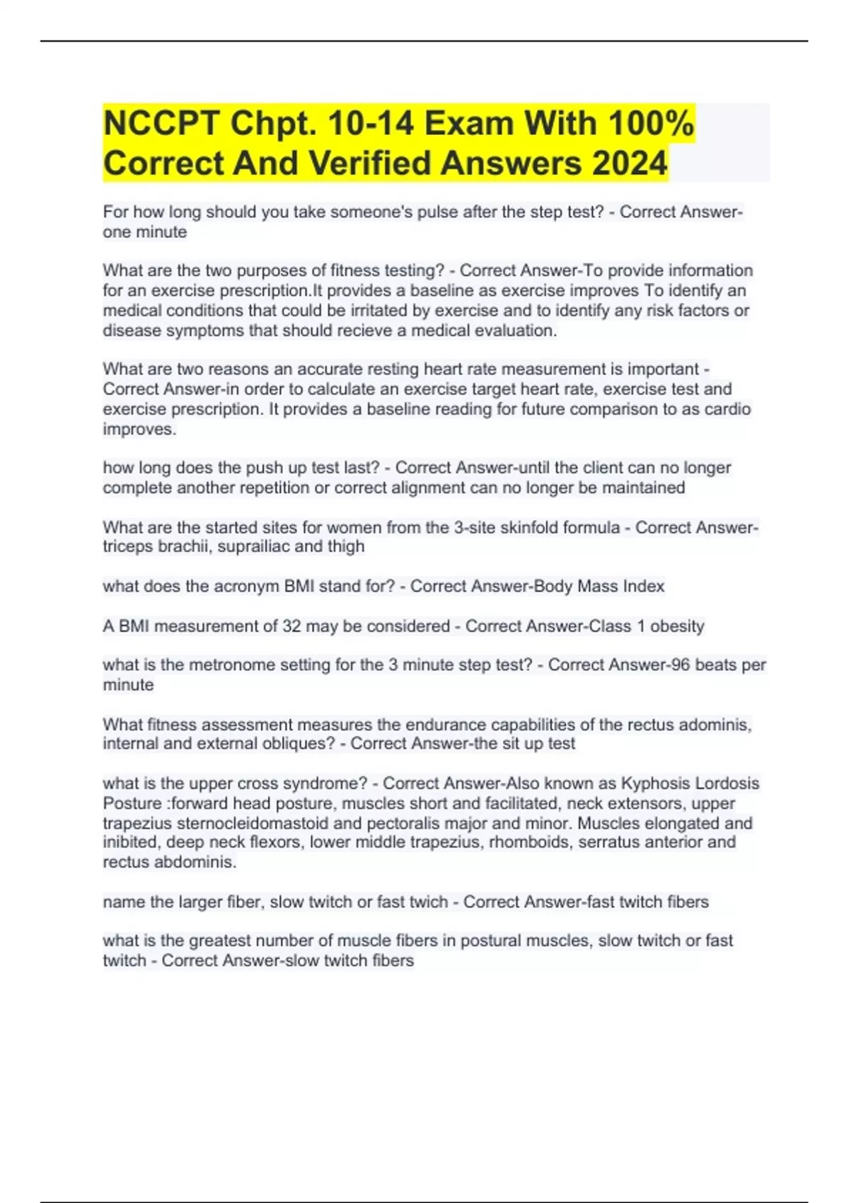 NCCPT Chpt. 10-14 Exam With 100% Correct And Verified Answers 2024 ...