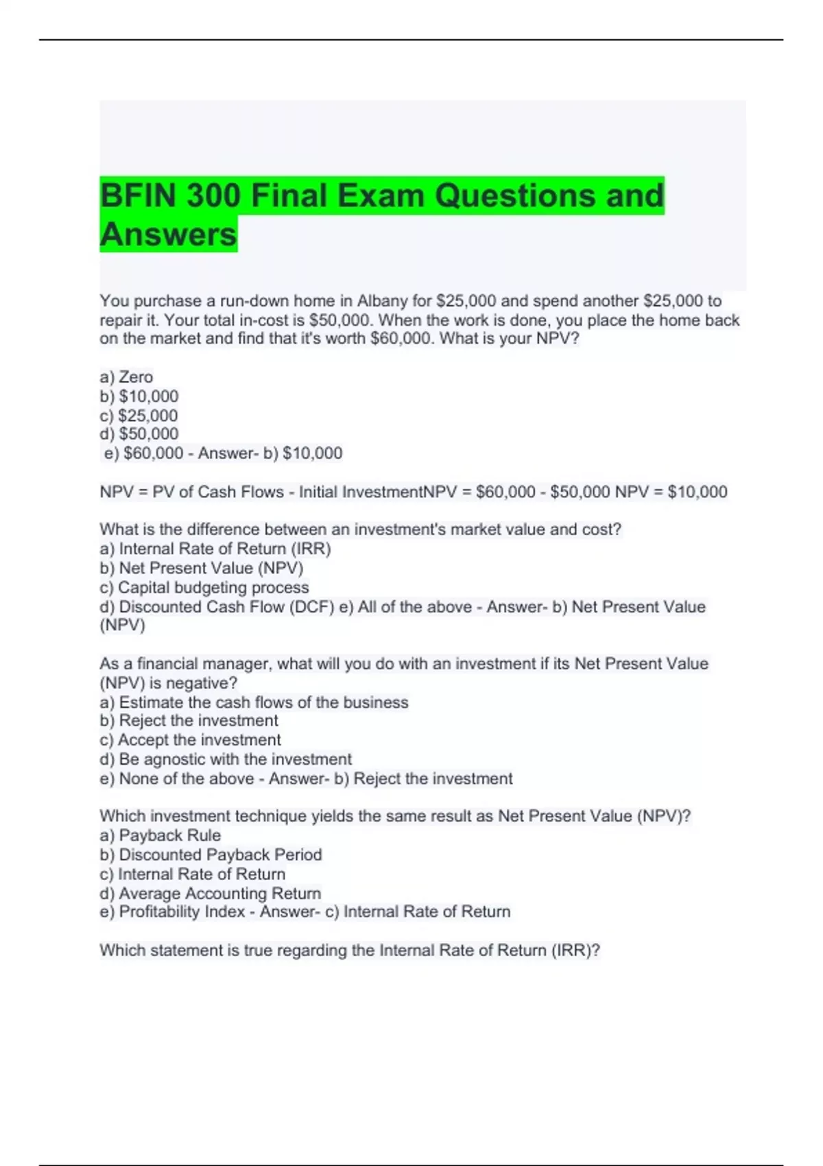 BFIN 300 Final Exam Questions and Answers 2024 - BFIN 300 - Stuvia US