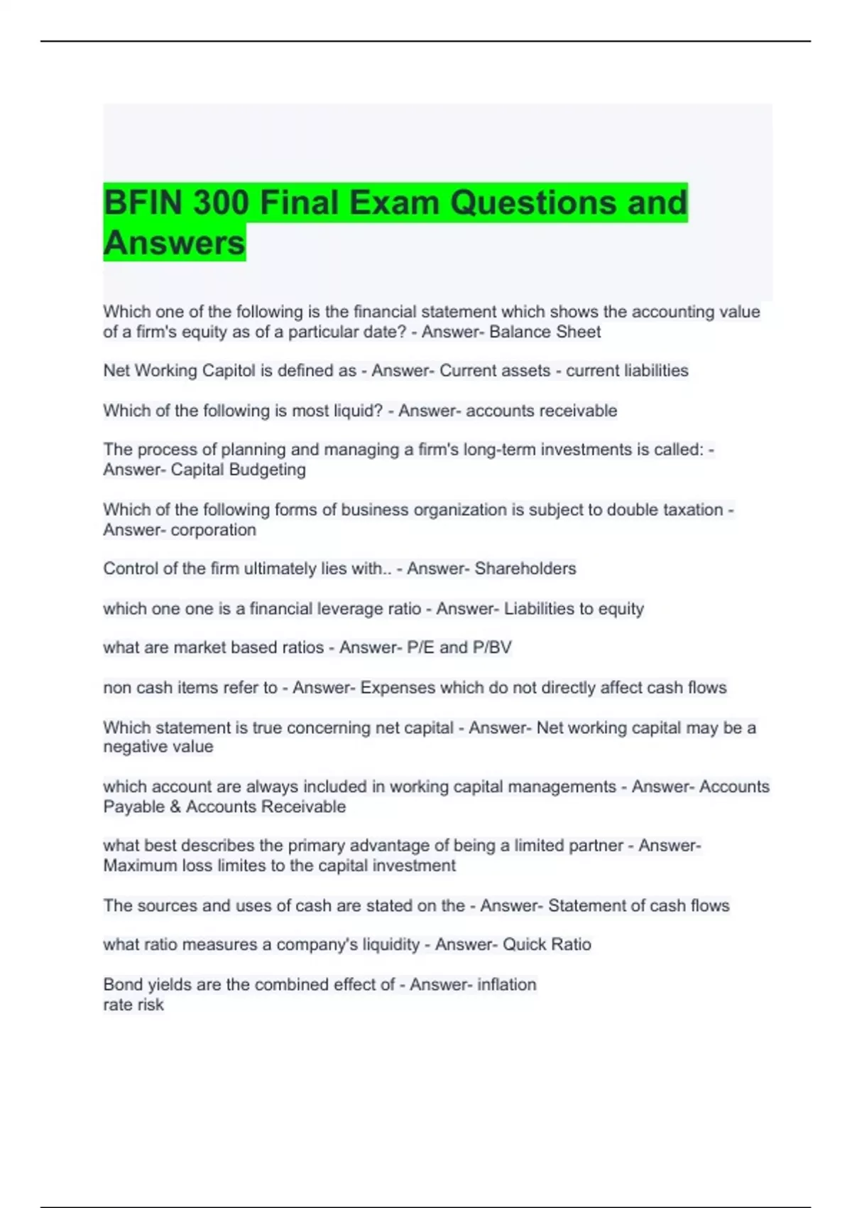 BFIN 300 Final Exam Questions and Answers 2024 (Graded A) - BFIN 300 - Stuvia US