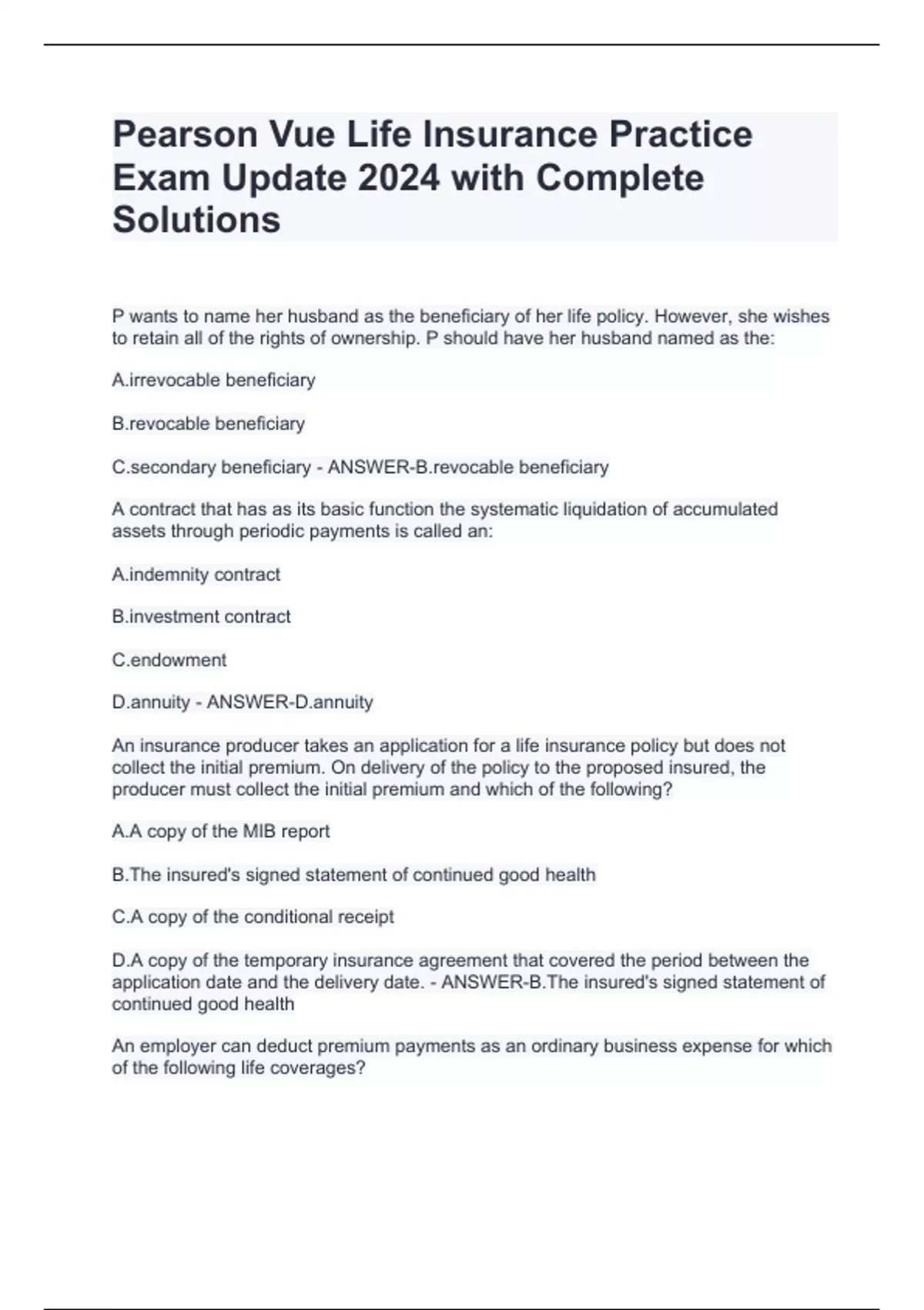 Pearson Vue Life Insurance Practice Exam Update 2024 with Complete ...