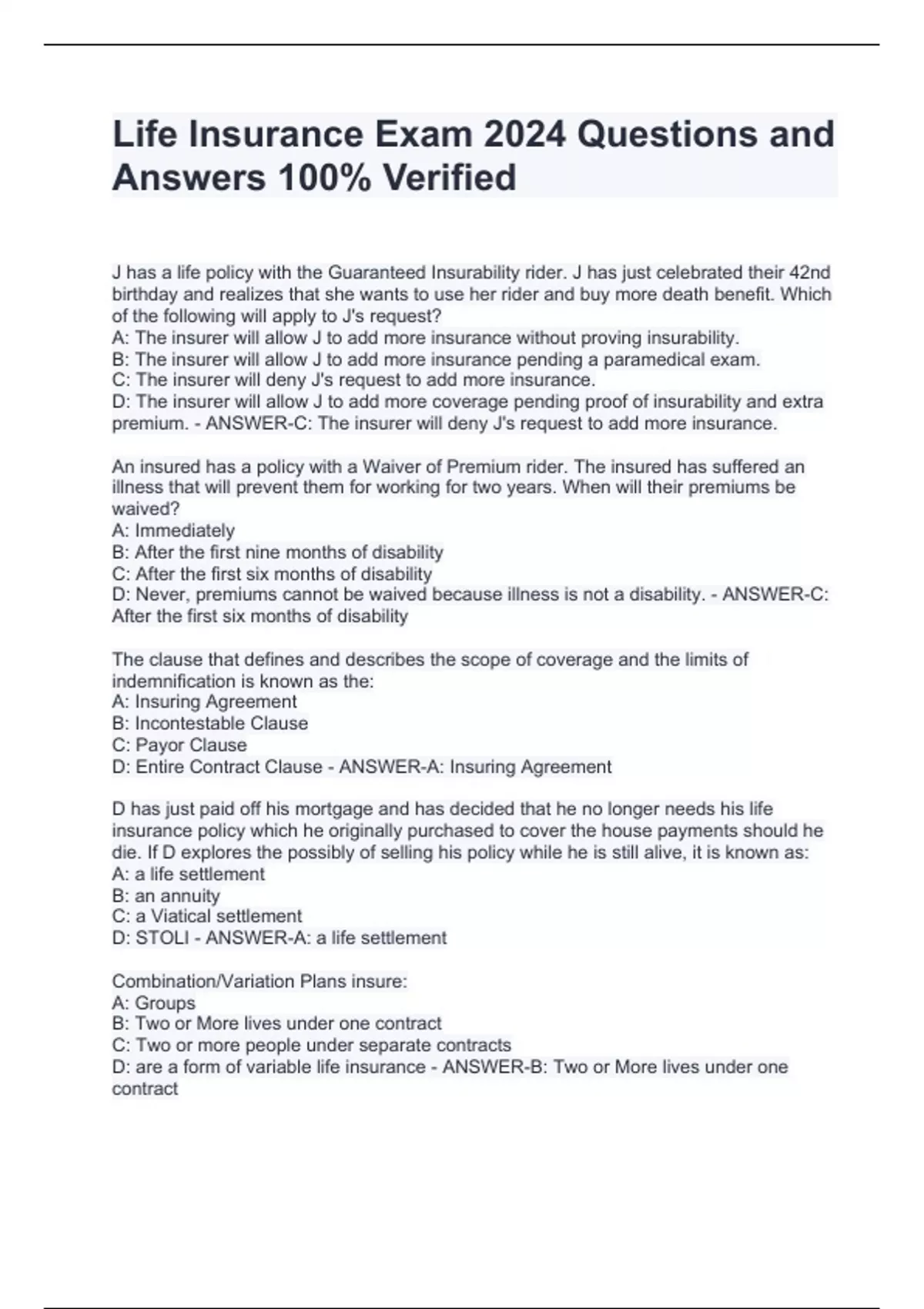 Life Insurance Exam 2024 Questions and Answers 100% Verified - Life ...