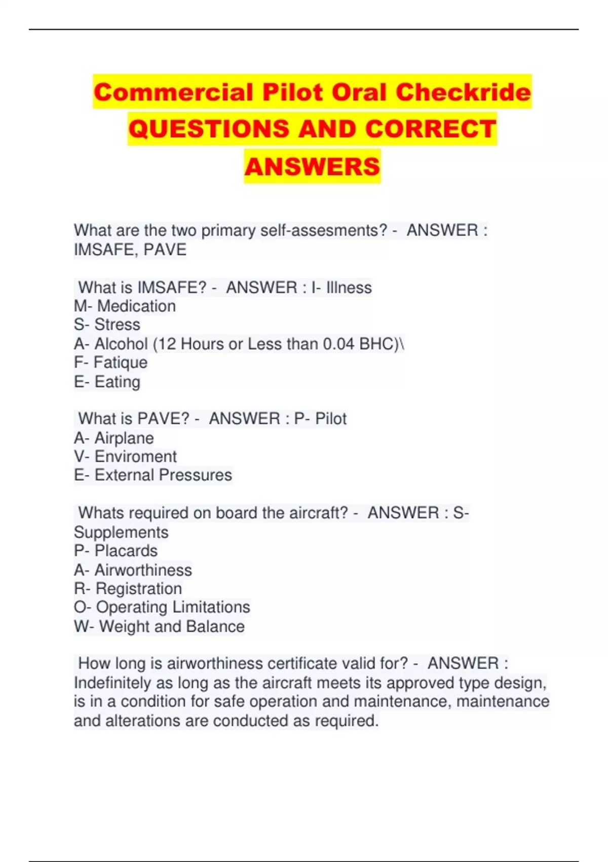 Commercial Pilot Oral Checkride QUESTIONS AND CORRECT ANSWERS - Private pilot - Stuvia US