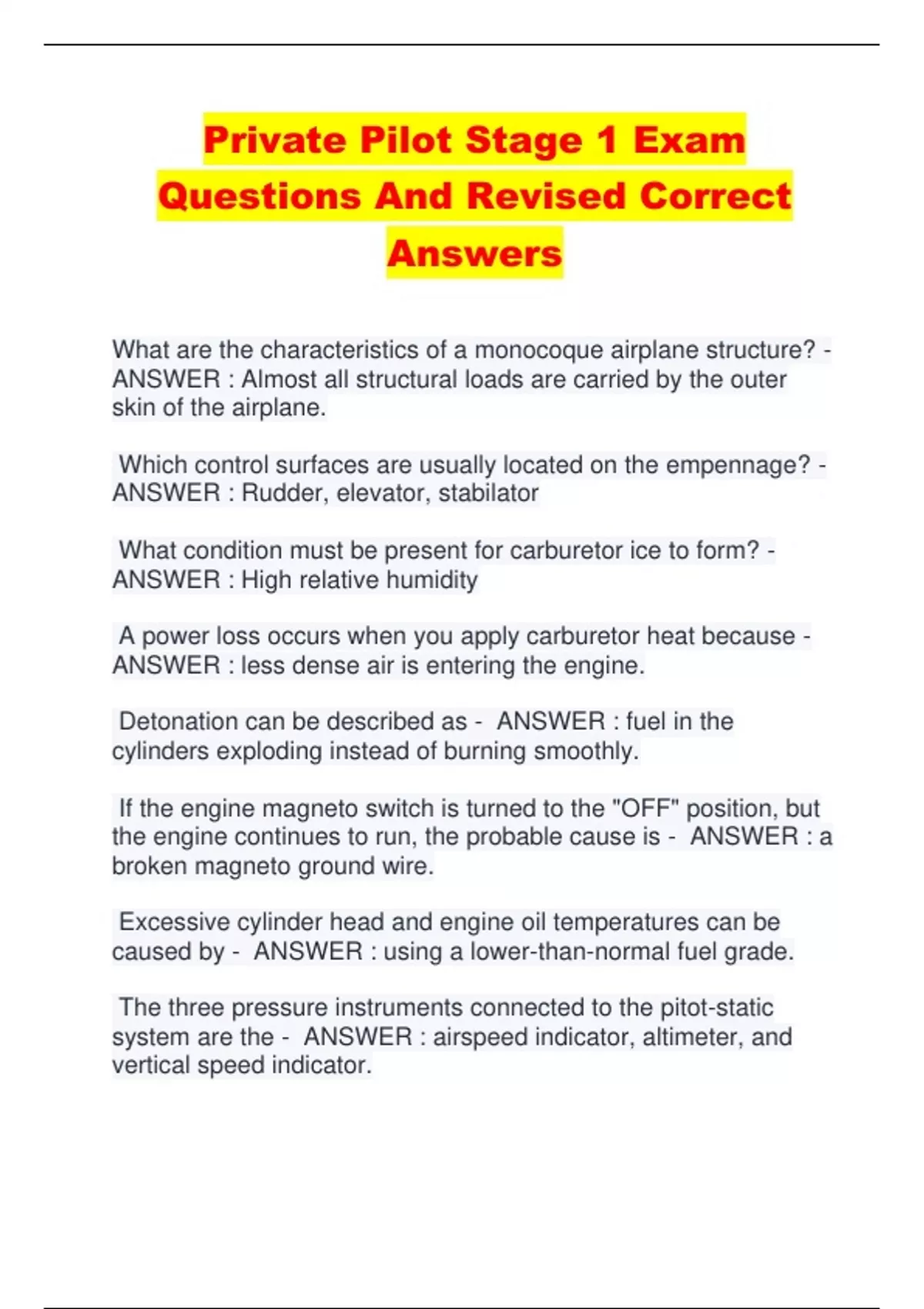 Private Pilot Stage 1 Exam Questions And Revised Correct Answers - Private pilot - Stuvia US