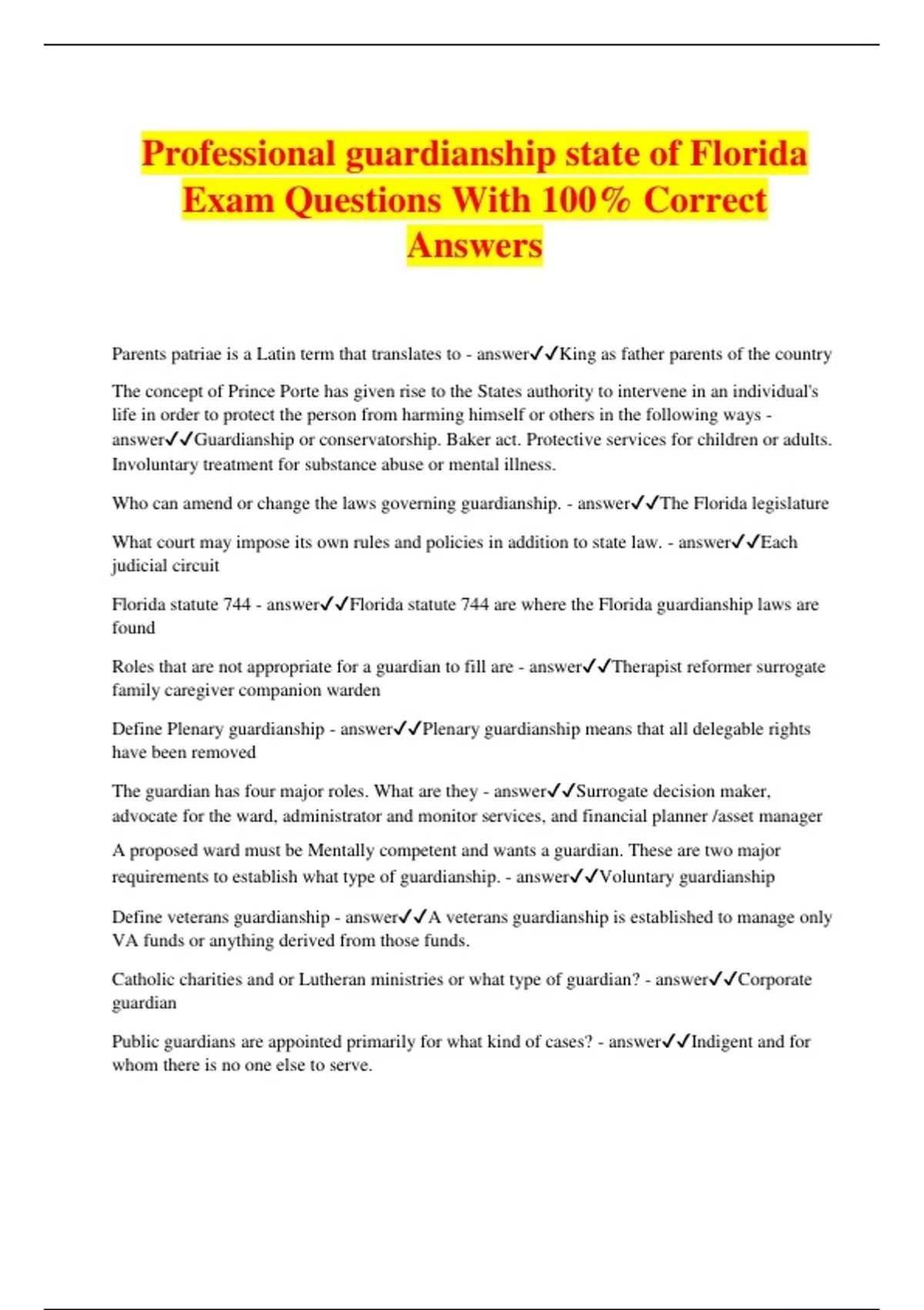 Professional guardianship state of Florida Exam Questions With 100% ...