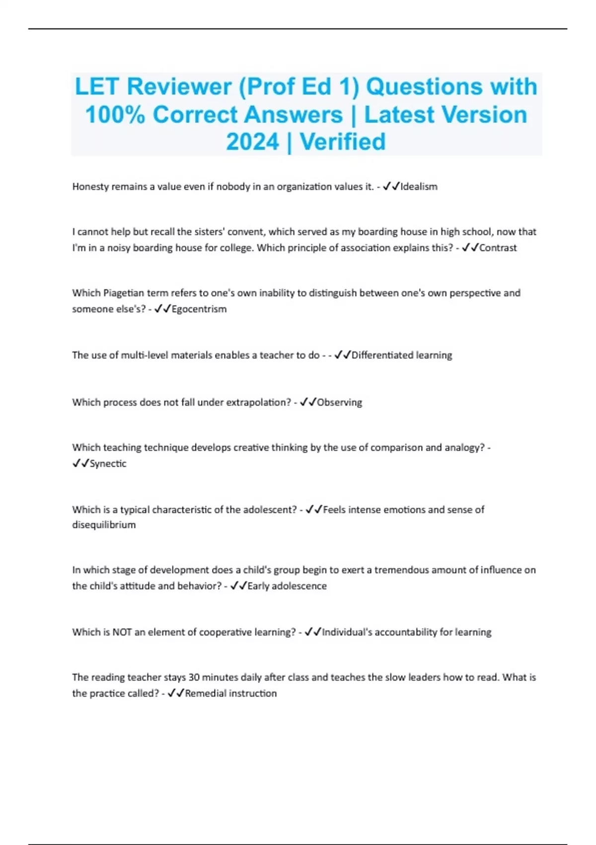 LET Reviewer (Prof Ed 1) Questions with 100% Correct Answers | Latest ...