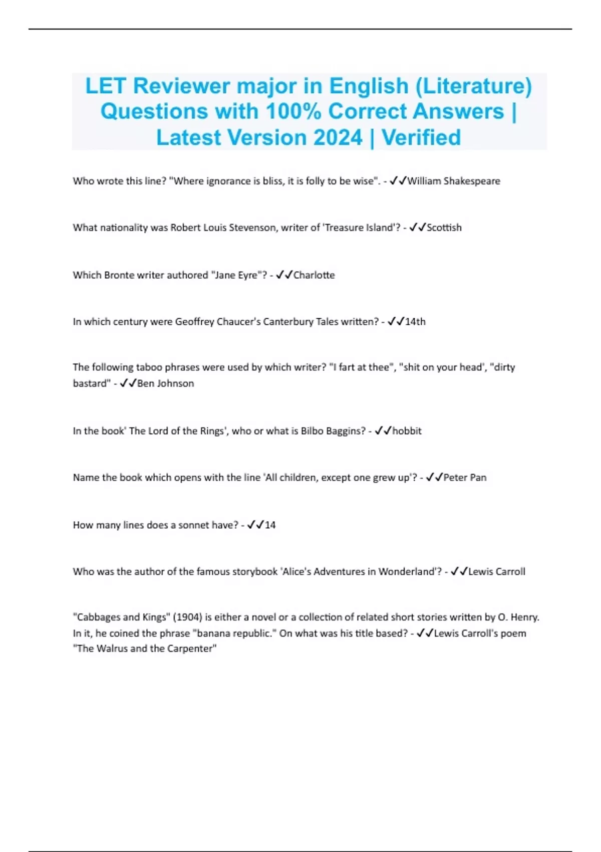 LET Reviewer major in English (Literature) Questions with 100% Correct ...