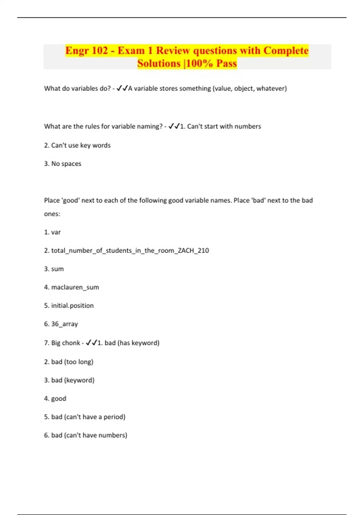 Engr 102 - Exam 1 Review questions with Complete Solutions |100% Pass - Engr 102 - Stuvia US